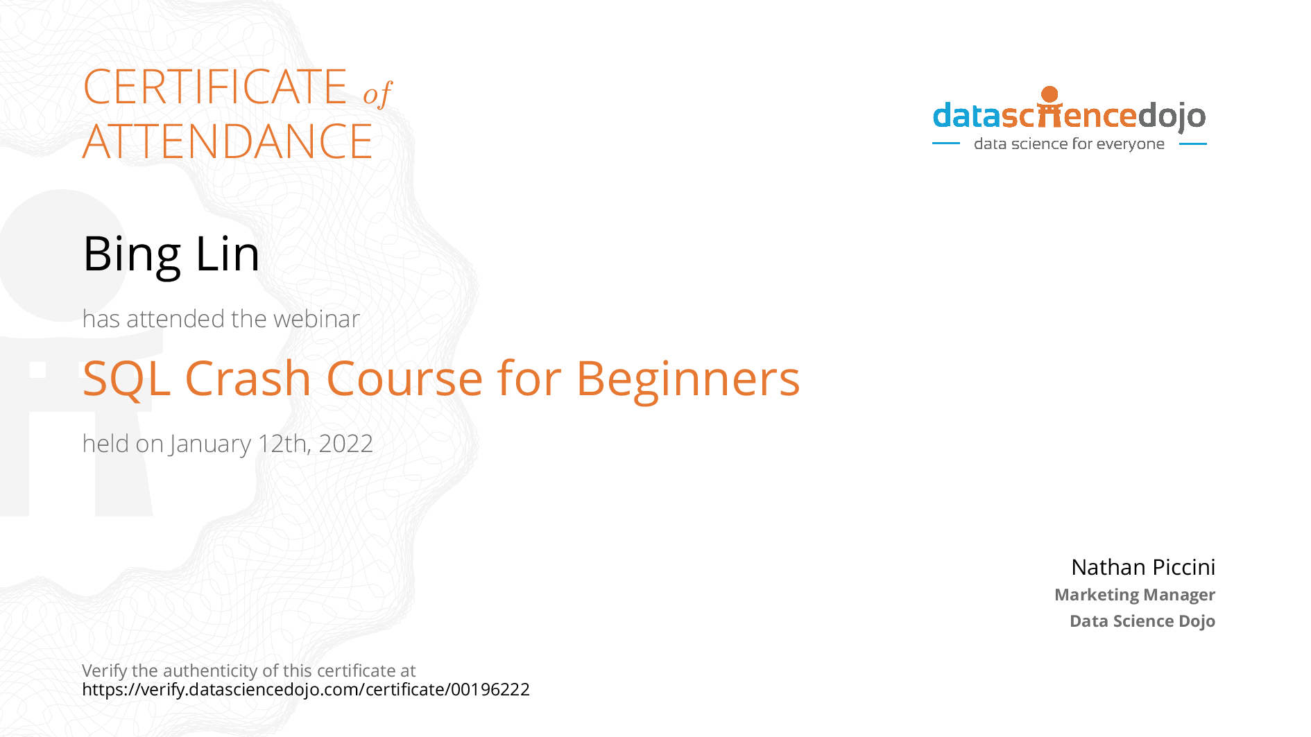 Bing Lin's Certificate | Data Science Dojo