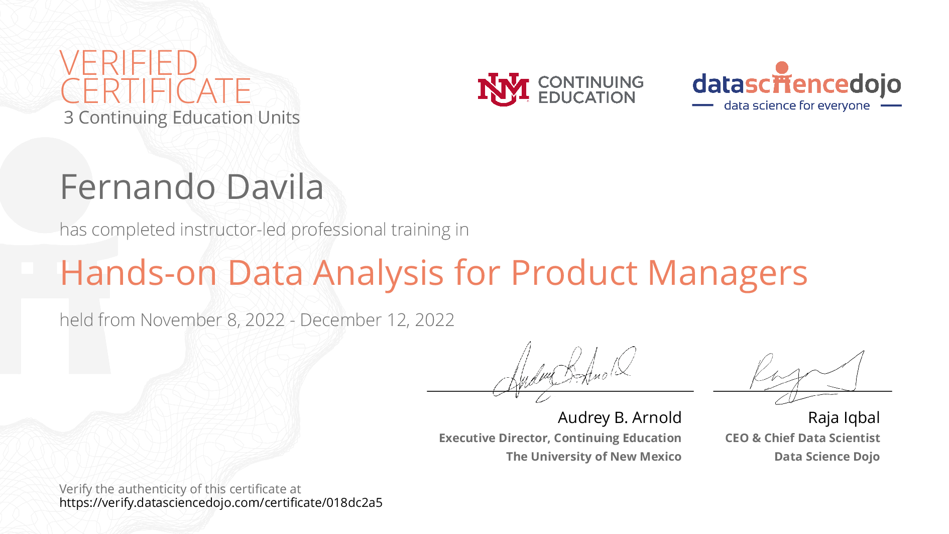 Fernando Davila's Certificate | Data Science Dojo