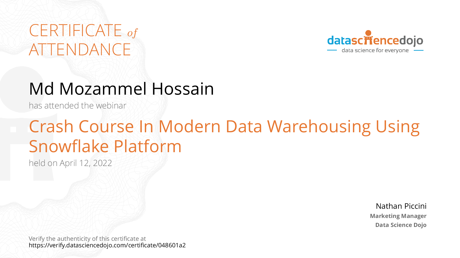 Md Mozammel Hossain's Certificate | Data Science Dojo