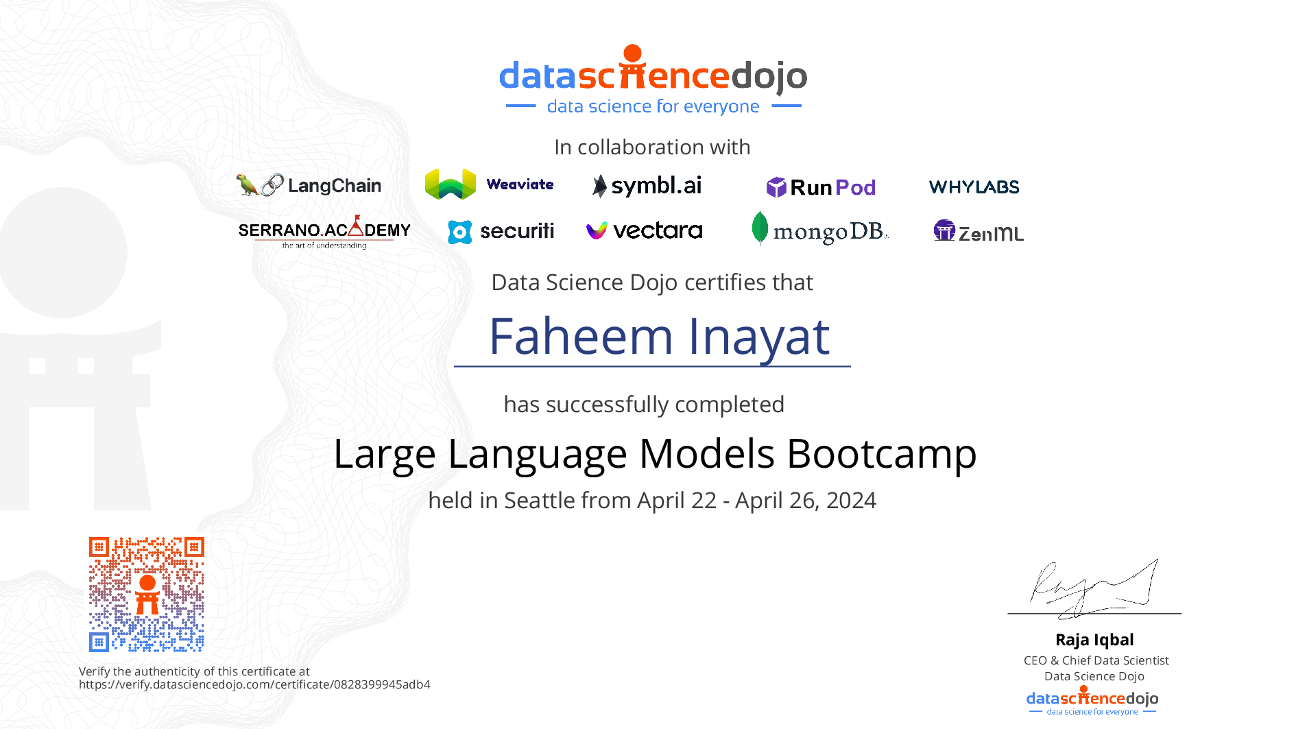 Faheem Inayat's Certificate | Data Science Dojo