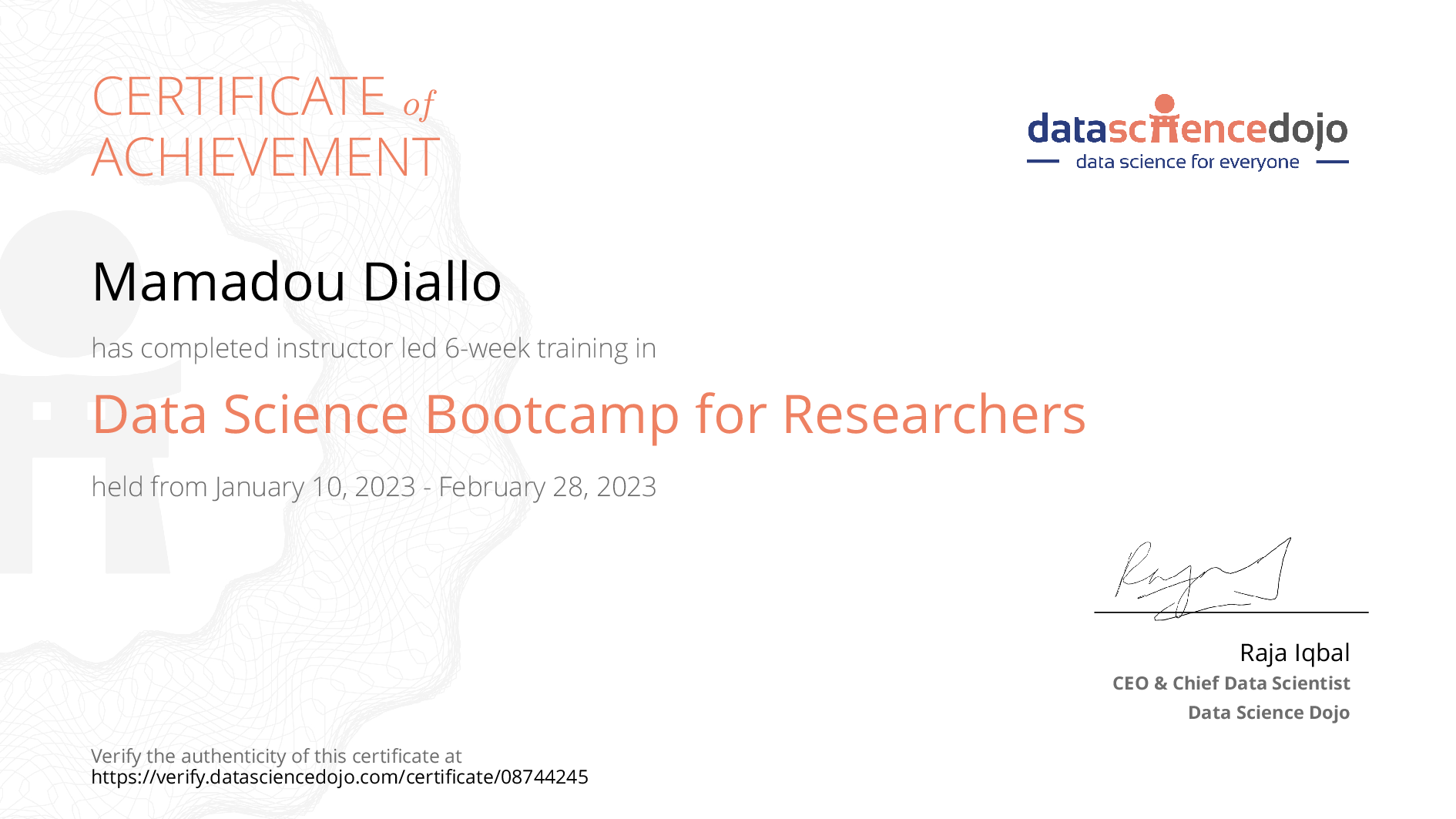 Mamadou Diallo's Certificate | Data Science Dojo