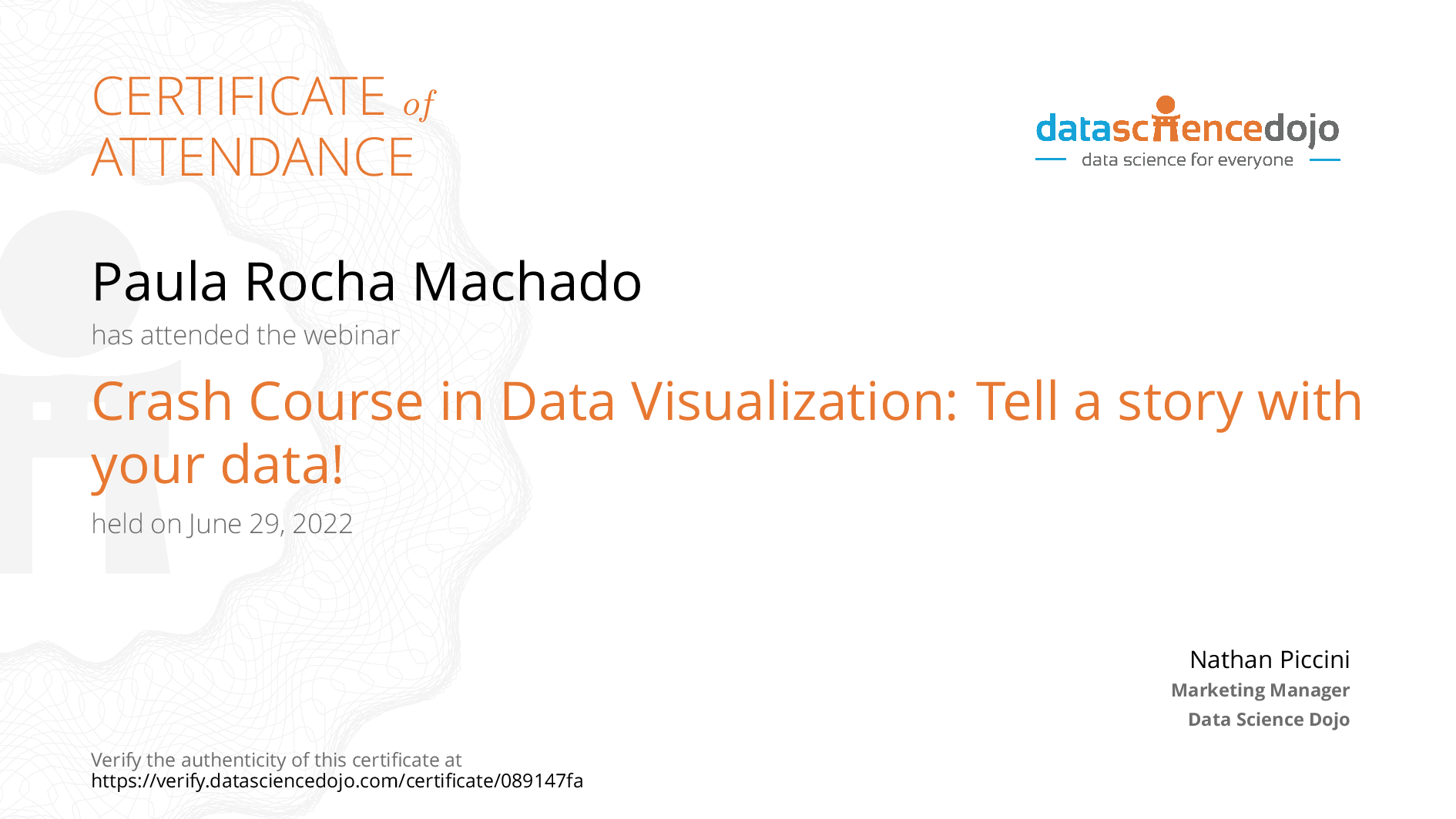 Paula Rocha Machado's Certificate | Data Science Dojo