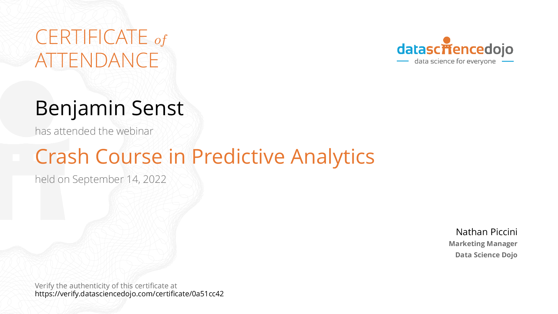 Benjamin Senst's Certificate | Data Science Dojo