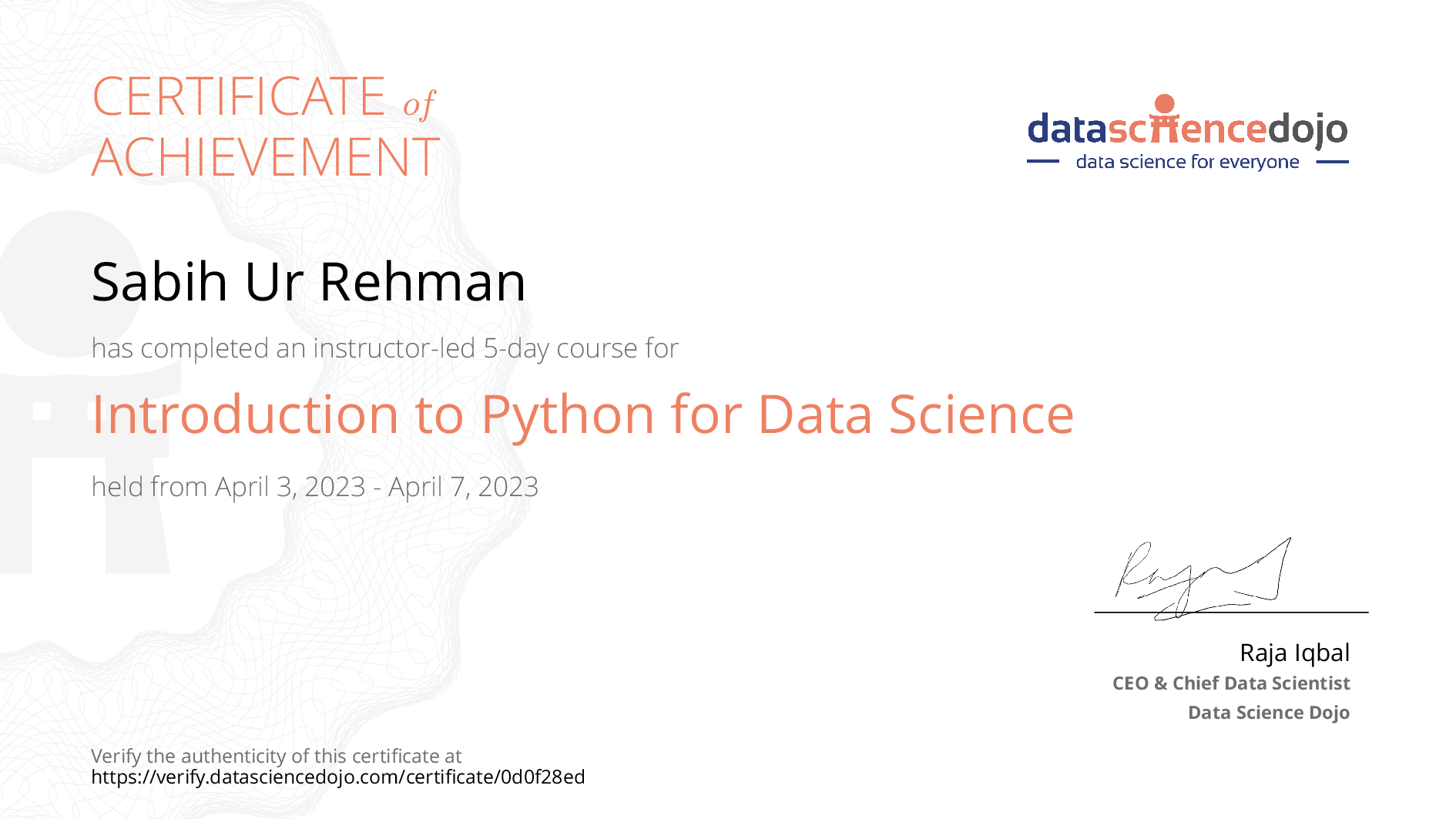 Sabih Ur Rehman's Certificate | Data Science Dojo