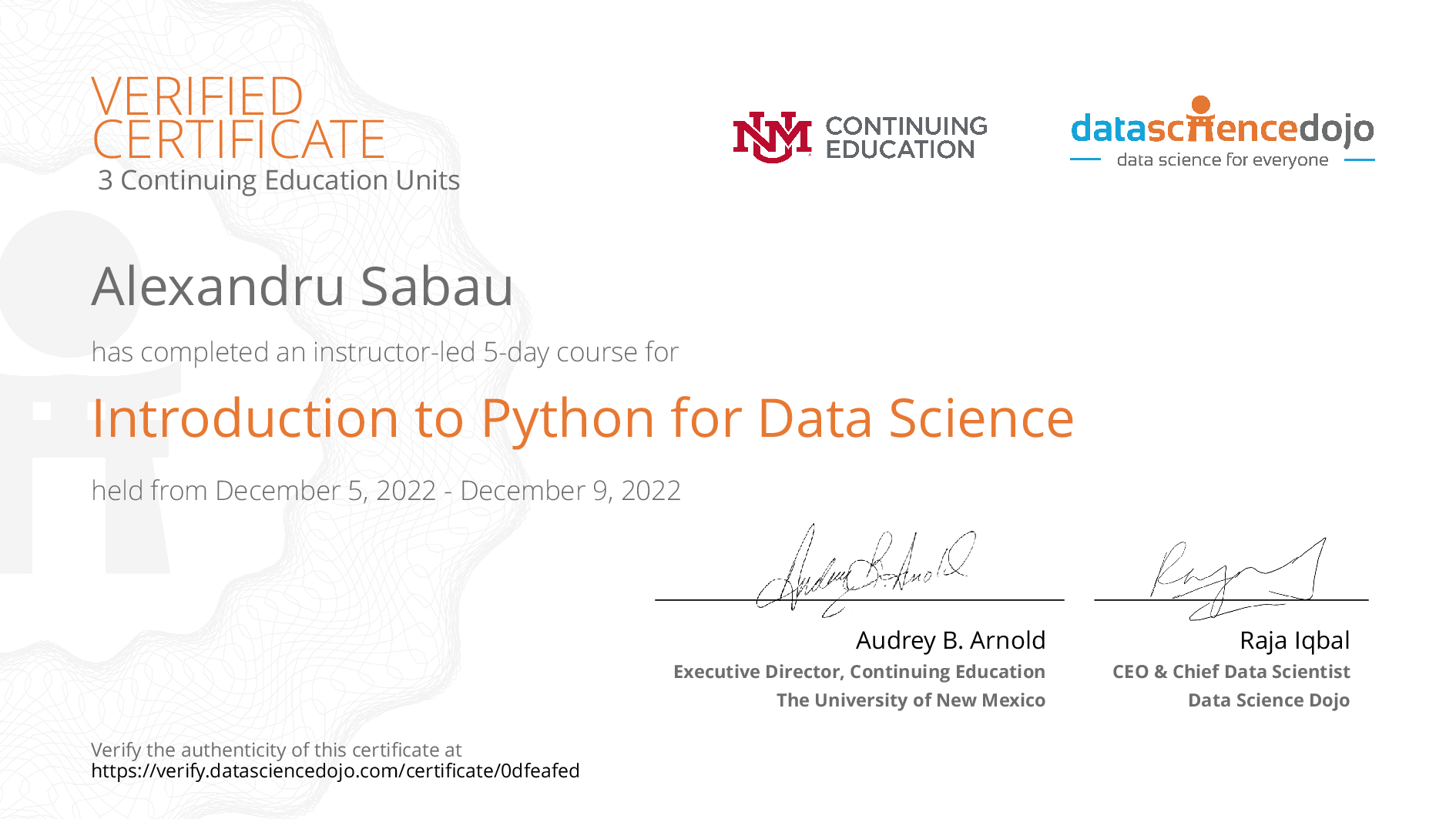 Alexandru Sabau's Certificate | Data Science Dojo