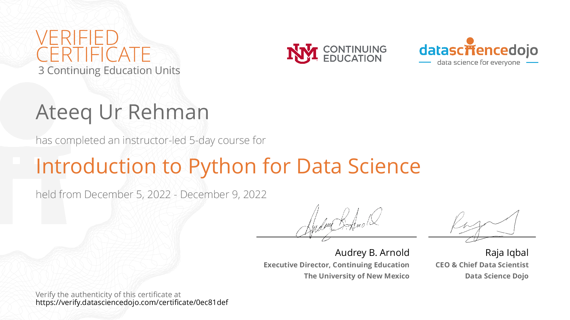 Ateeq Ur Rehman's Certificate | Data Science Dojo