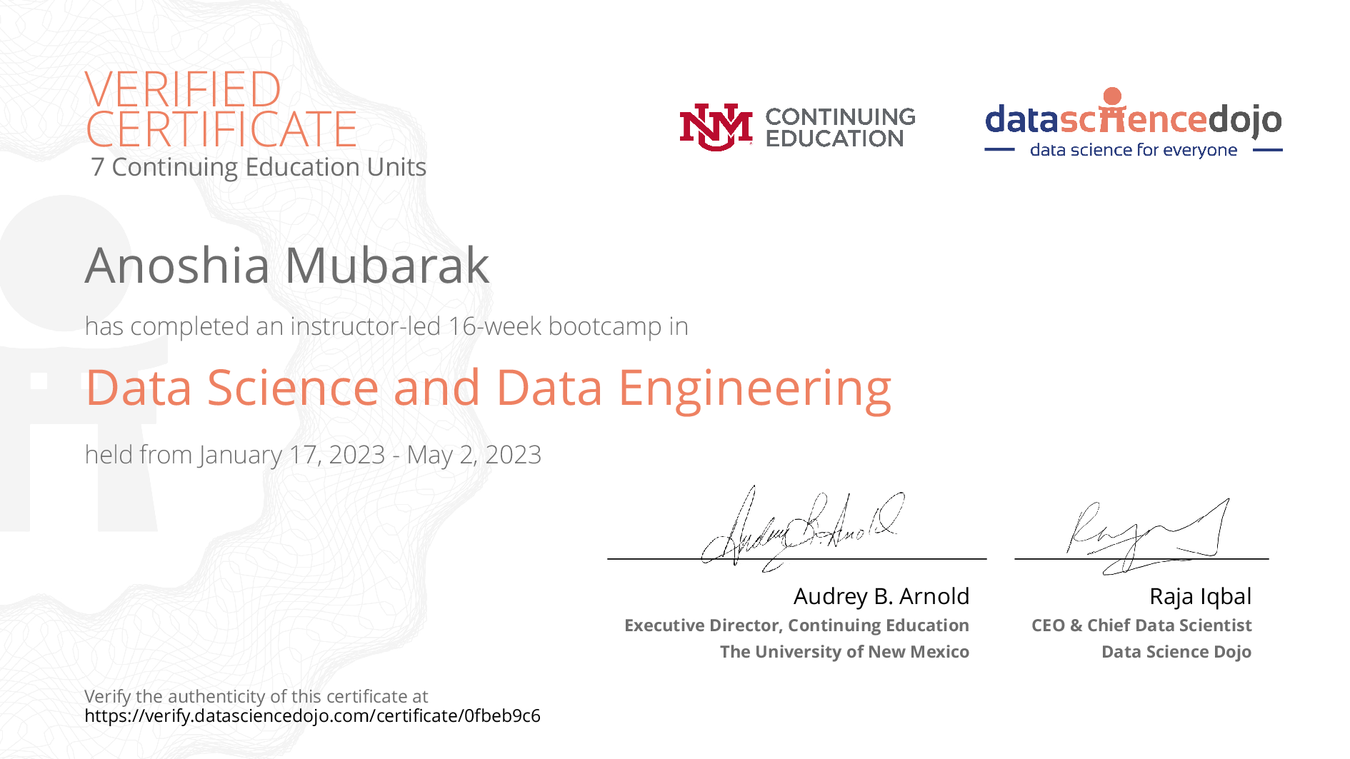 Anoshia Mubarak's Certificate | Data Science Dojo Anoshia Mubarak's Certificate | Data Science Dojo