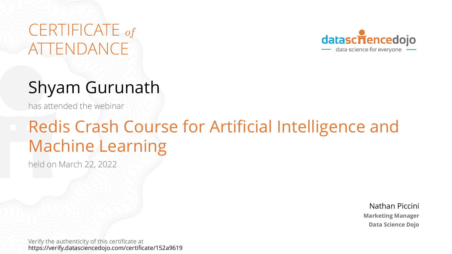 Shyam Gurunath's Certificate | Data Science Dojo