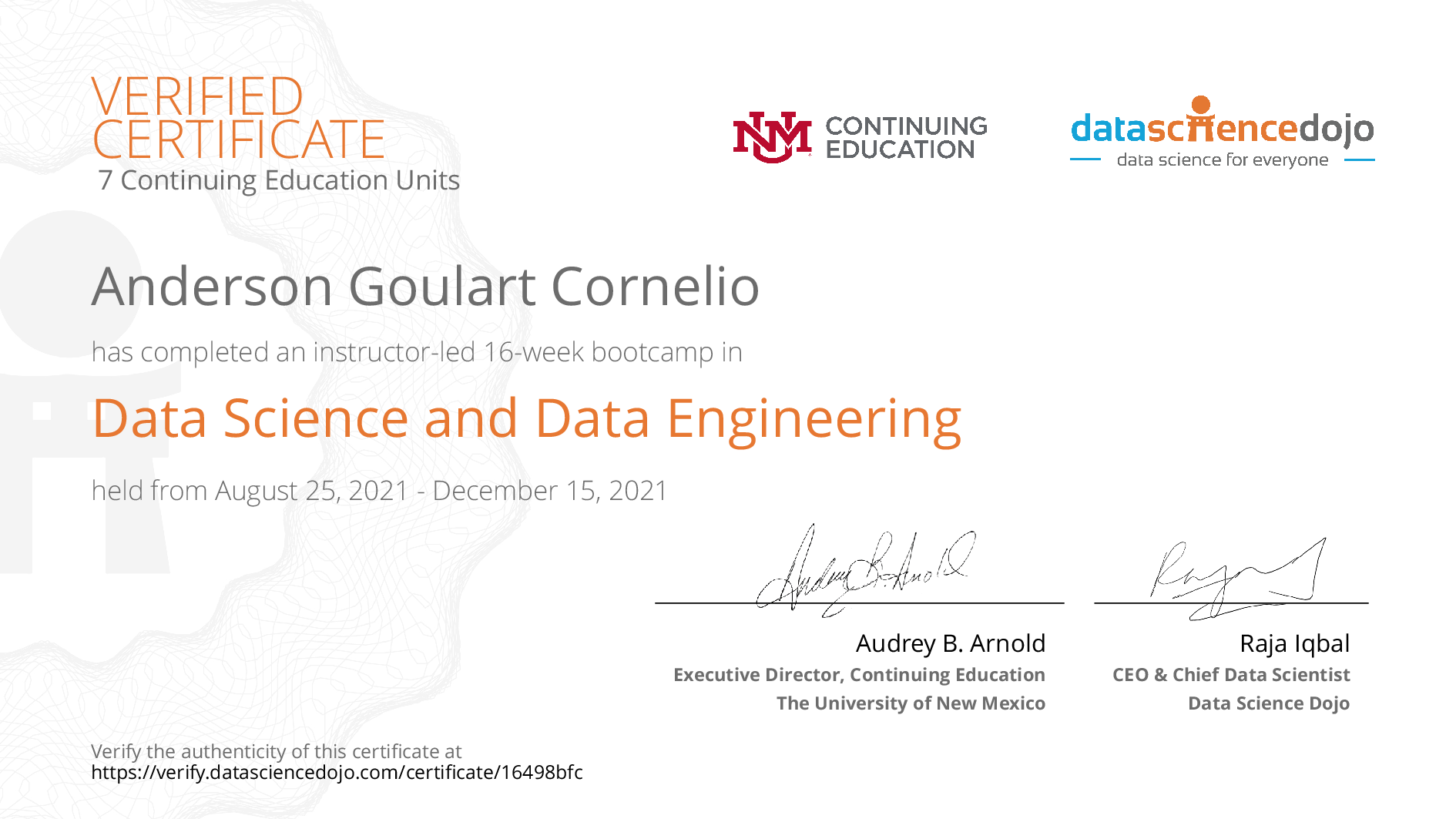 Anderson Goulart Cornelio's Certificate | Data Science Dojo
