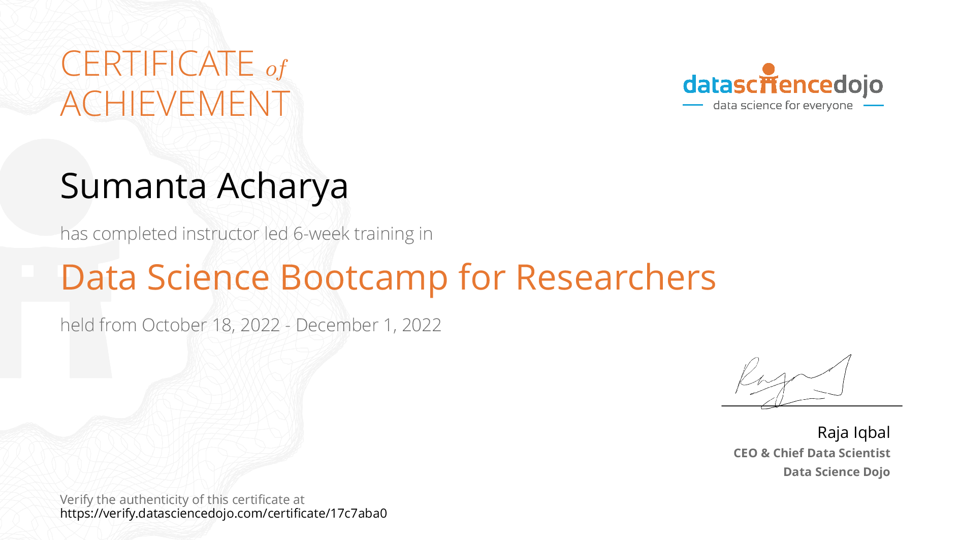 Sumanta Acharya's Certificate | Data Science Dojo