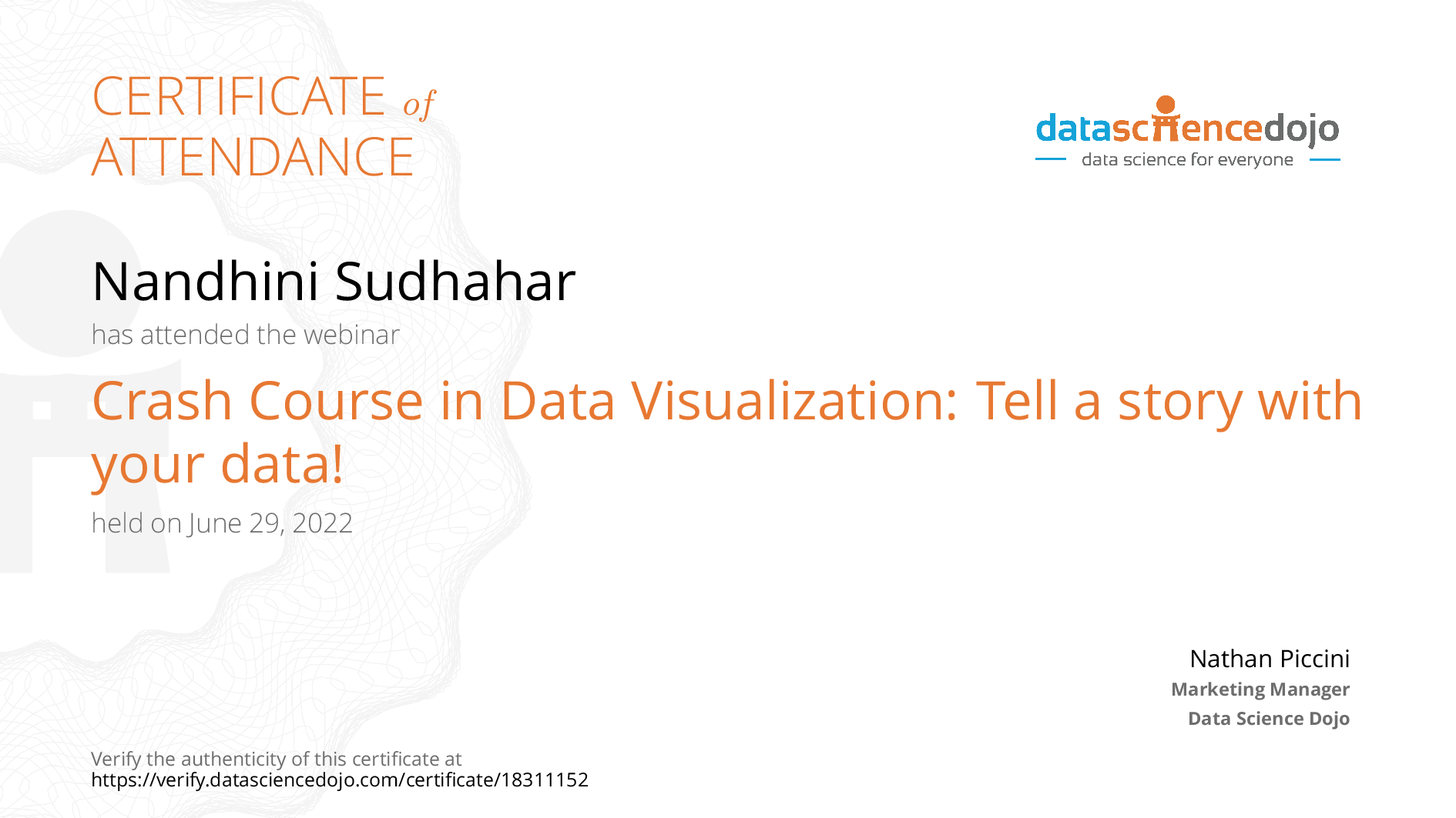 Nandhini Sudhahar's Certificate | Data Science Dojo