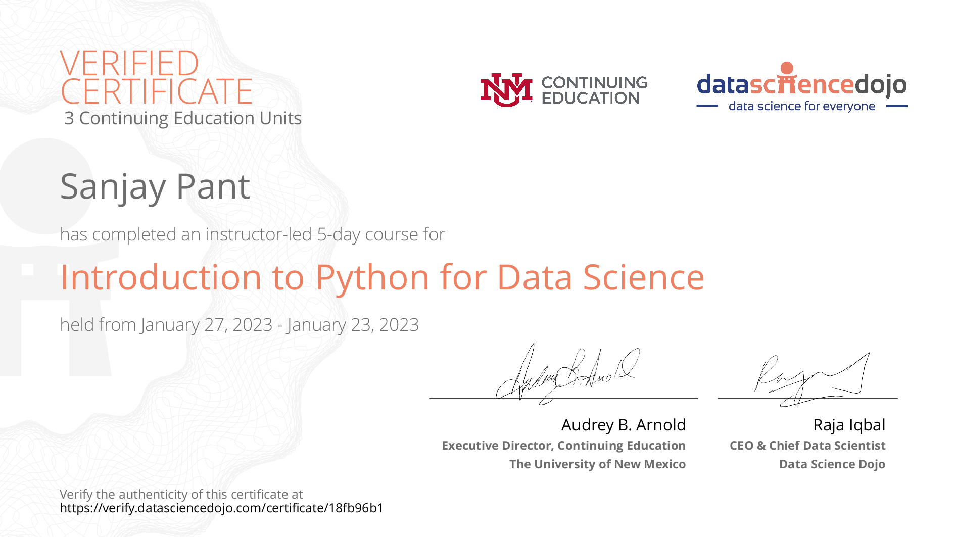 Sanjay Pant's Certificate | Data Science Dojo