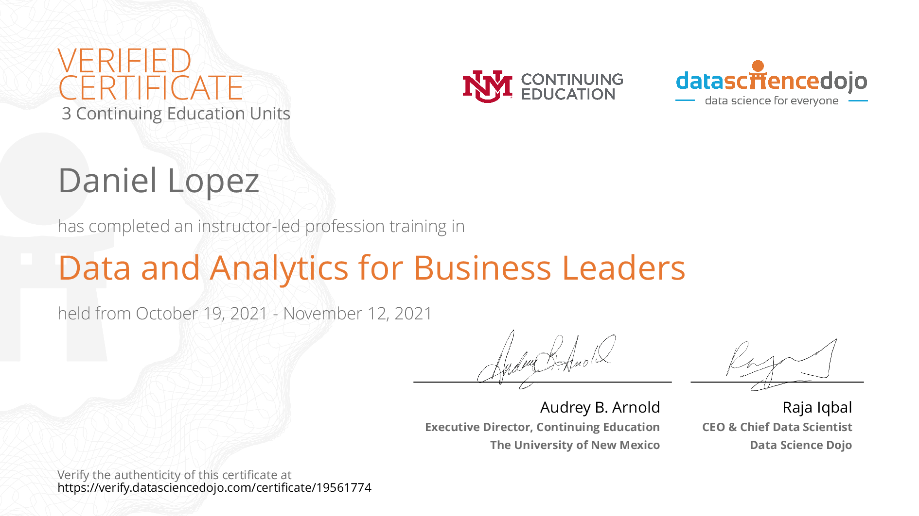 Daniel Lopez's Certificate | Data Science Dojo