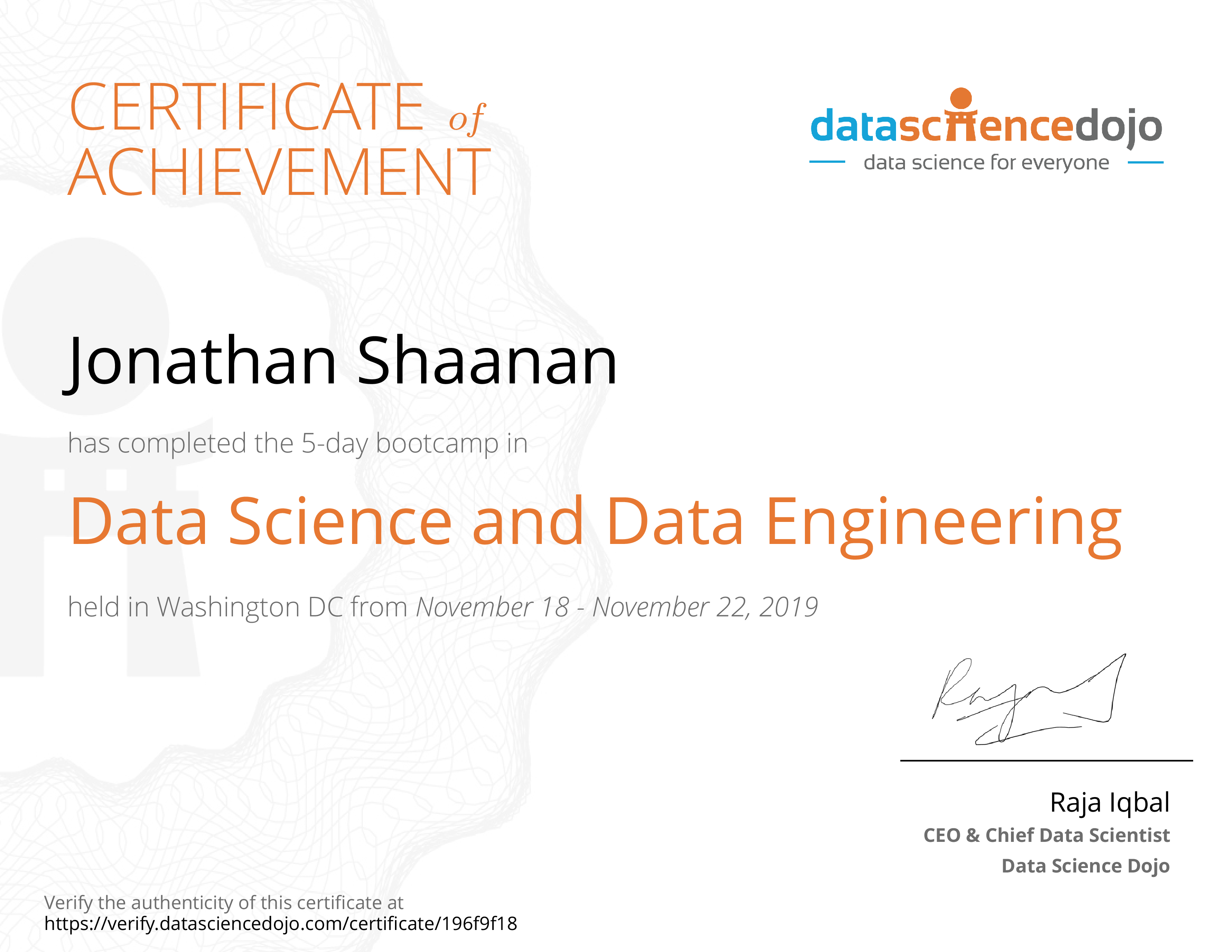 Jonathan Shaanan's Certificate | Data Science Dojo