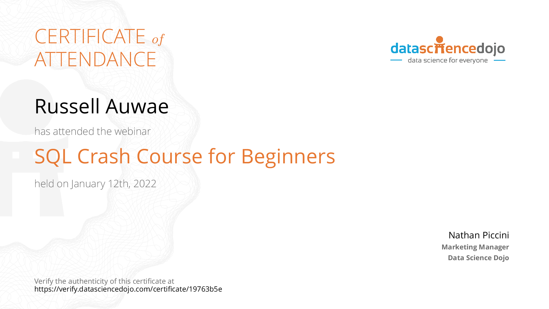 Russell Auwae's Certificate | Data Science Dojo
