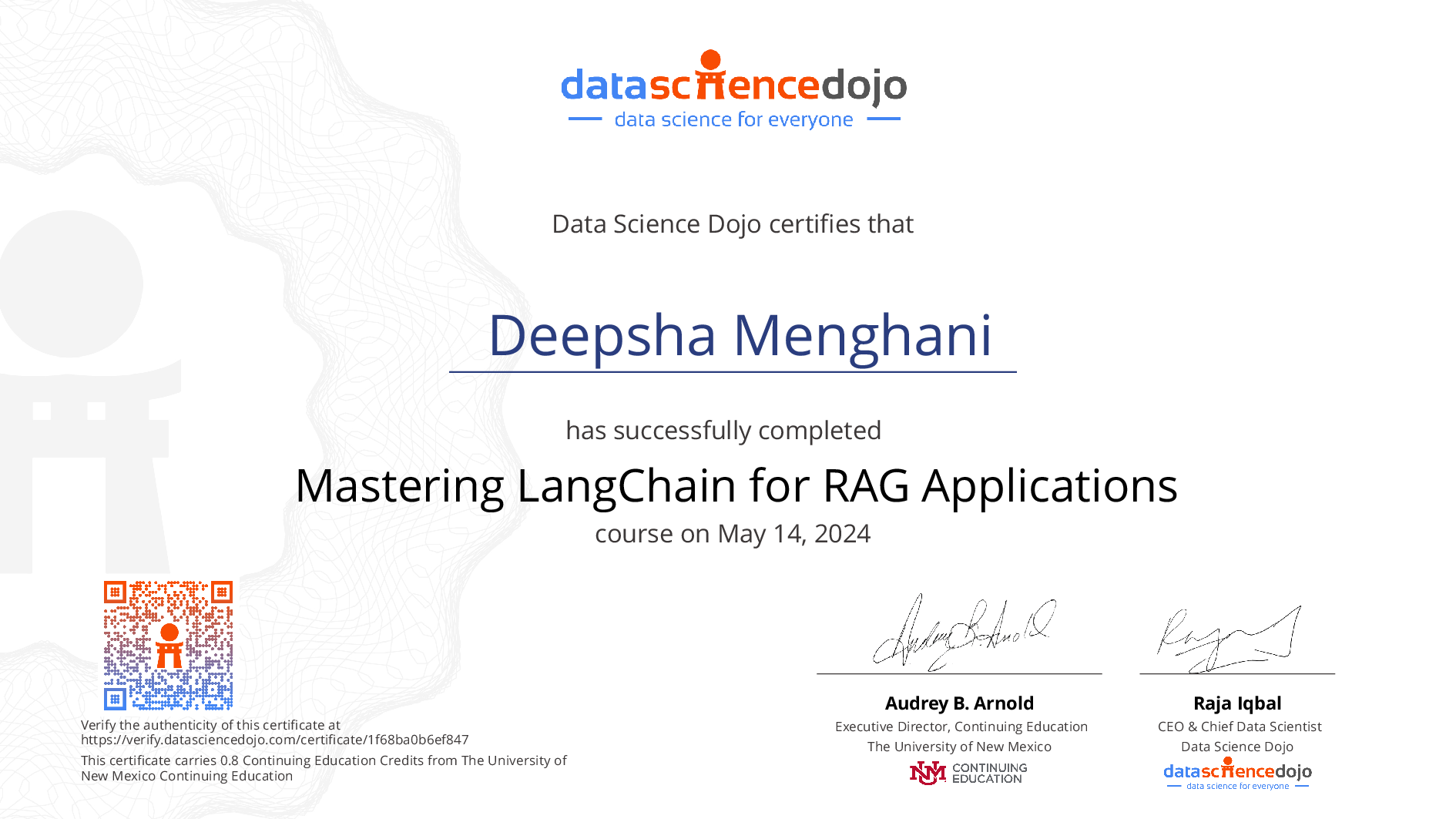 Deepsha Menghani's Certificate | Data Science Dojo