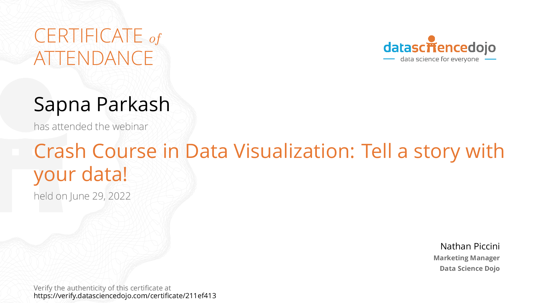 Sapna Parkash's Certificate | Data Science Dojo