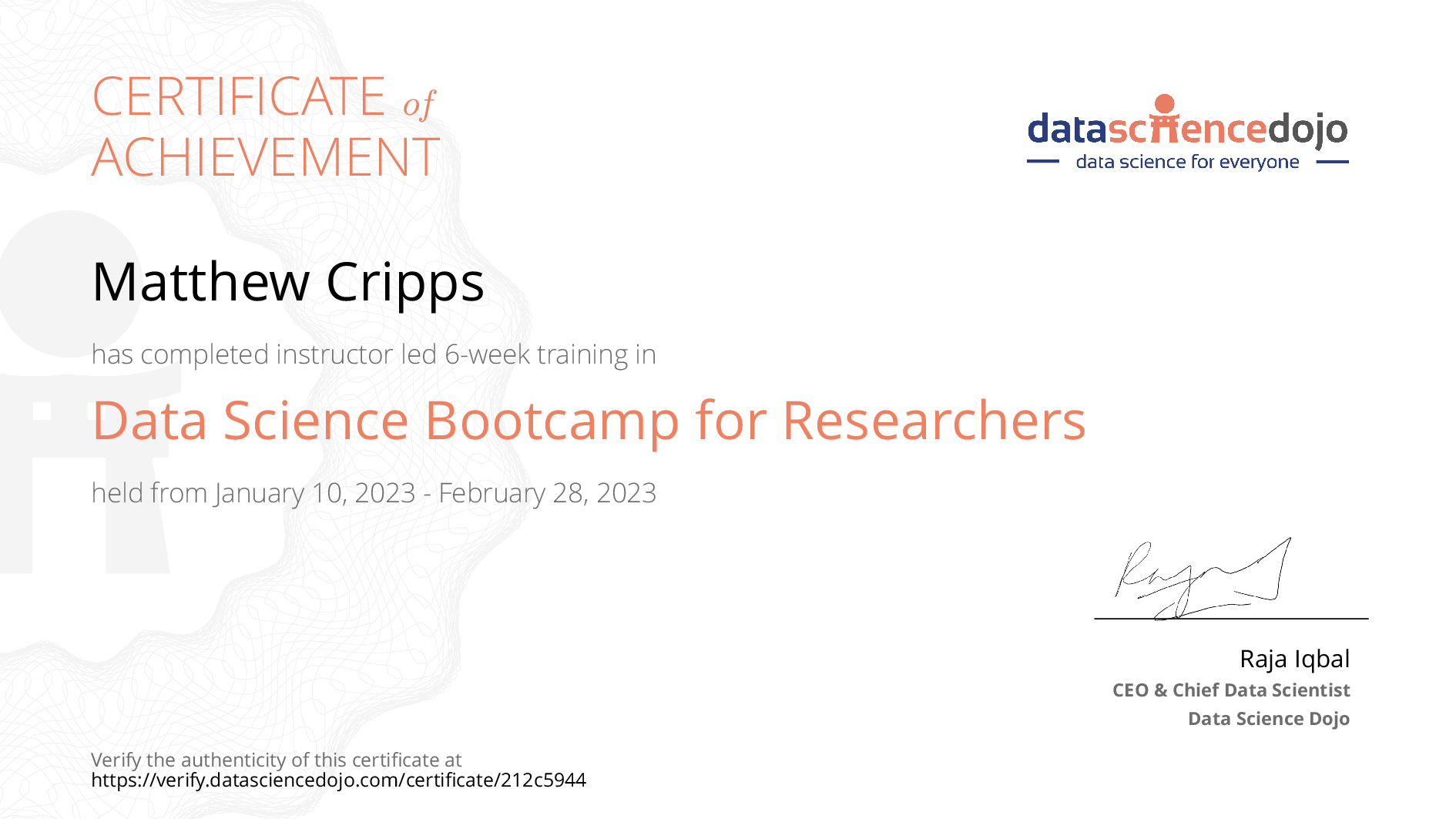 Matthew Cripps's Certificate | Data Science Dojo