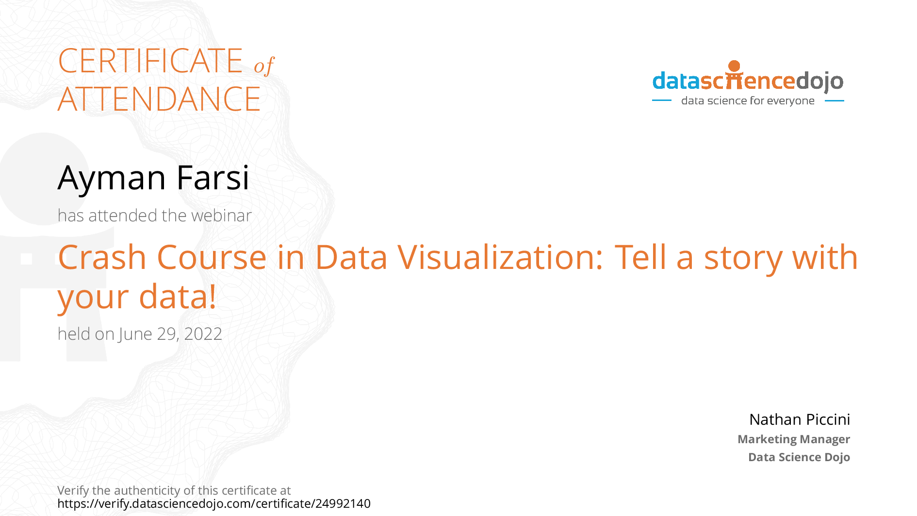 Ayman Farsi's Certificate | Data Science Dojo