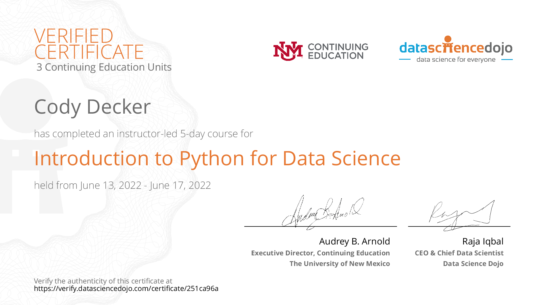 Cody Decker's Certificate | Data Science Dojo