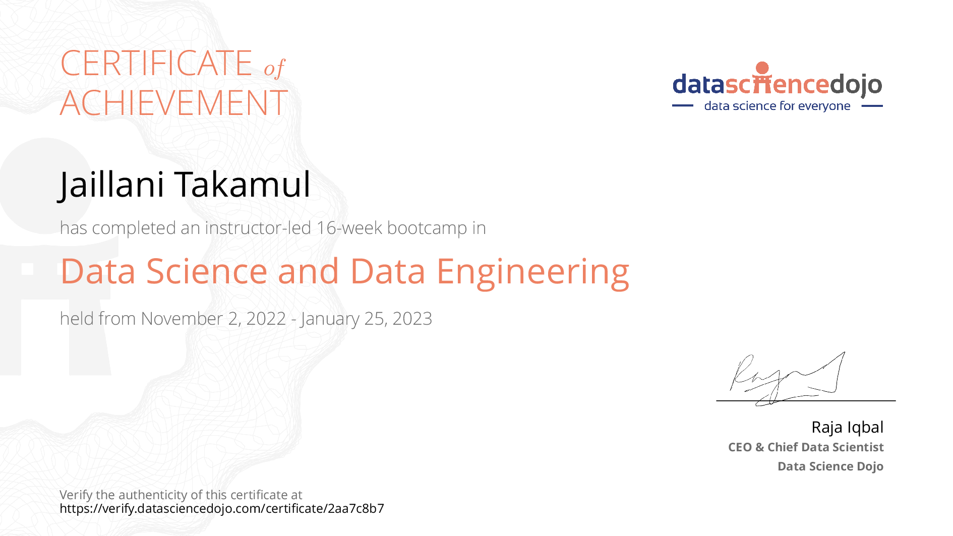 Jaillani Takamul's Certificate | Data Science Dojo