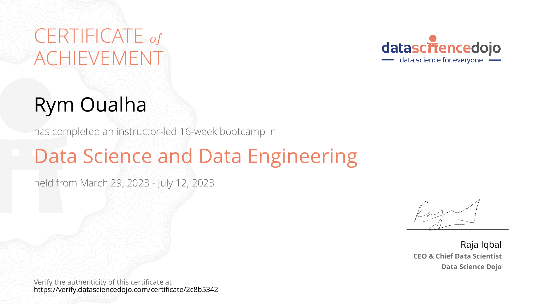 Rym Oualha's Certificate | Data Science Dojo