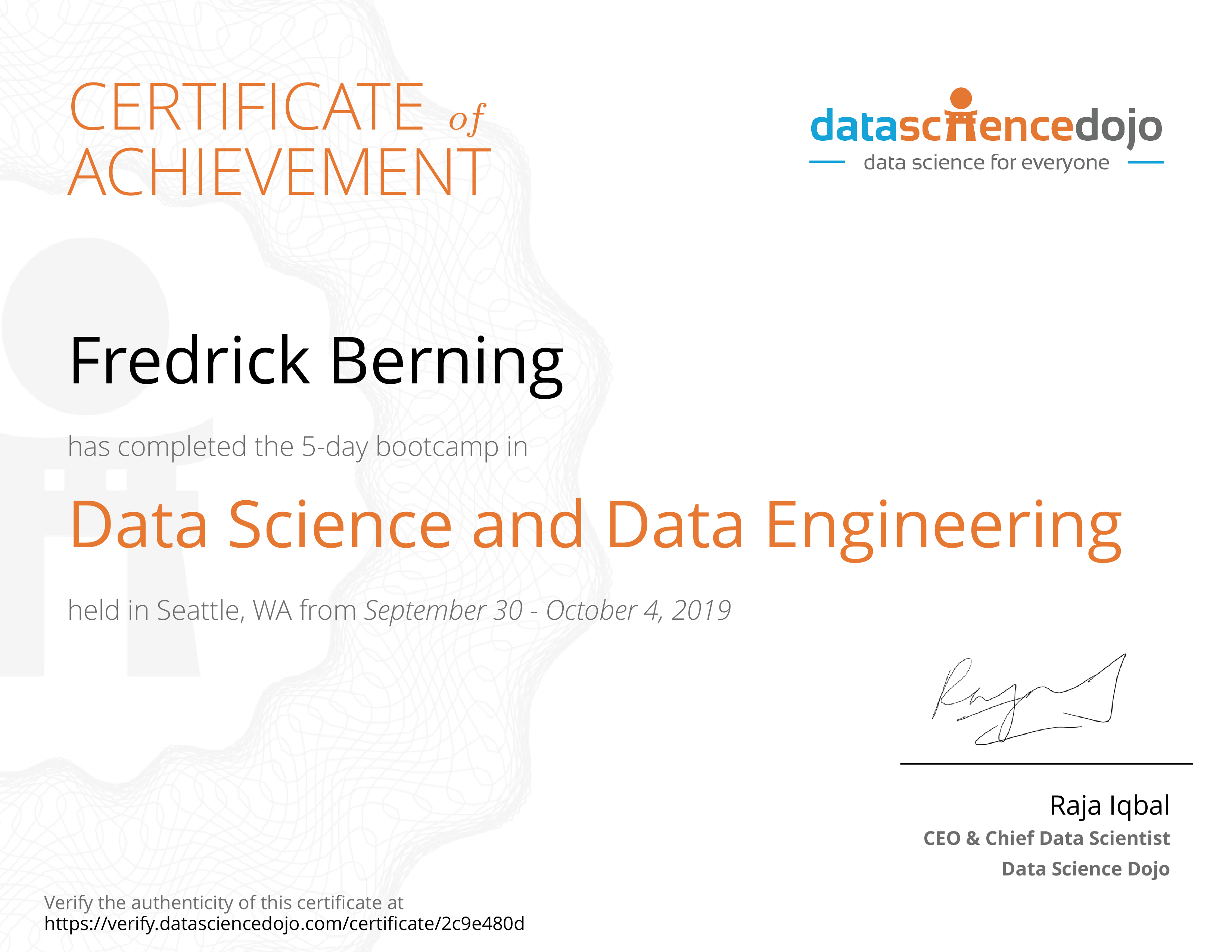 Fredrick Berning's Certificate | Data Science Dojo