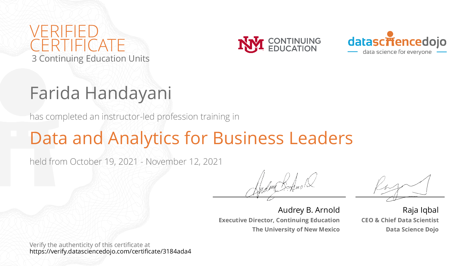 Farida Handayani's Certificate | Data Science Dojo