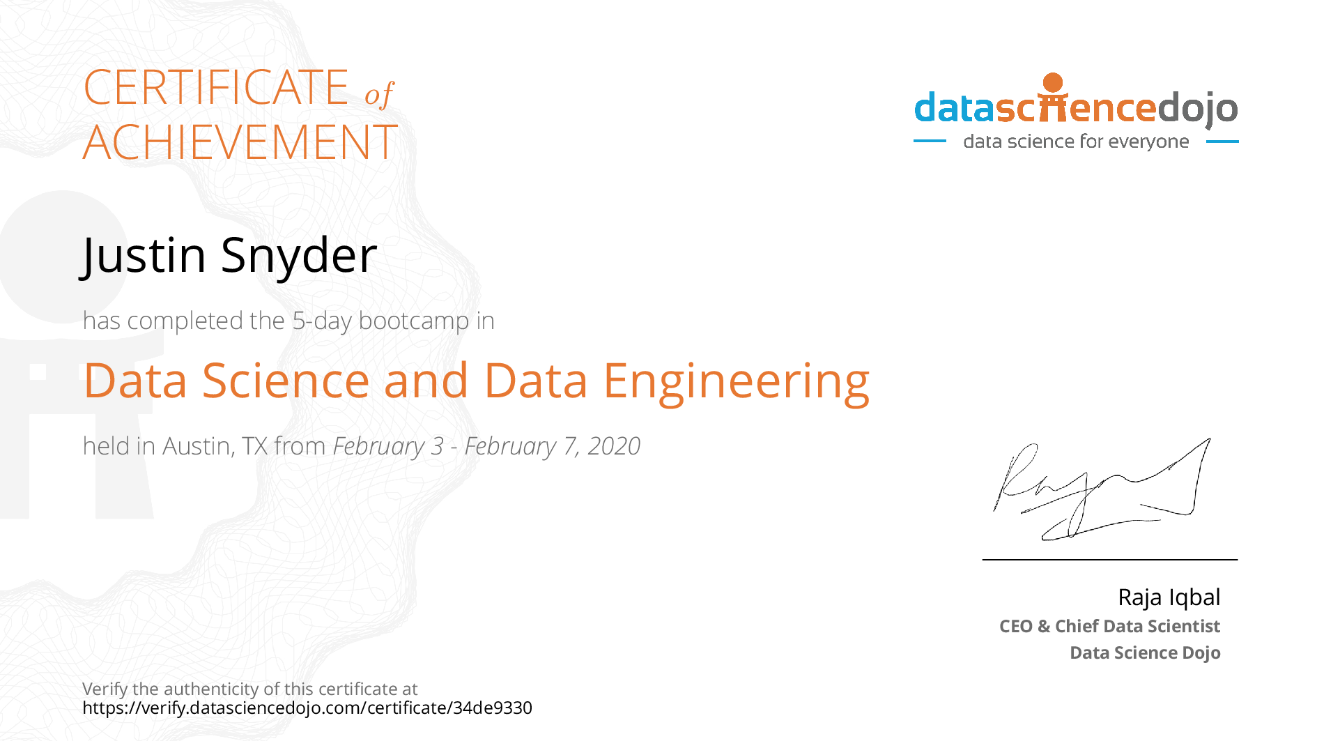 Justin Snyder's Certificate | Data Science Dojo