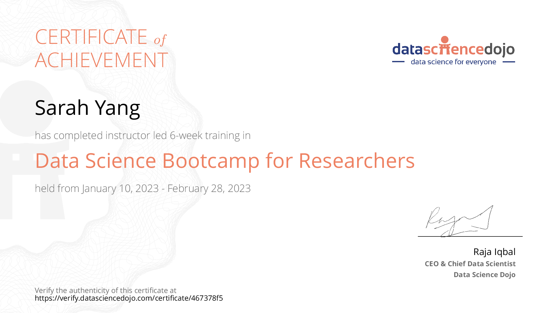 Sarah Yang's Certificate | Data Science Dojo