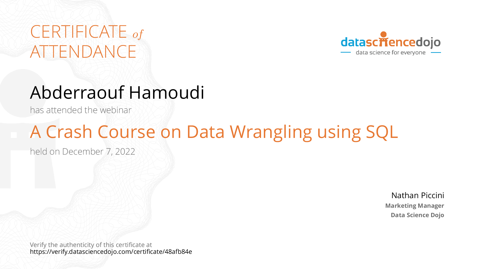 Abderraouf Hamoudi's Certificate | Data Science Dojo