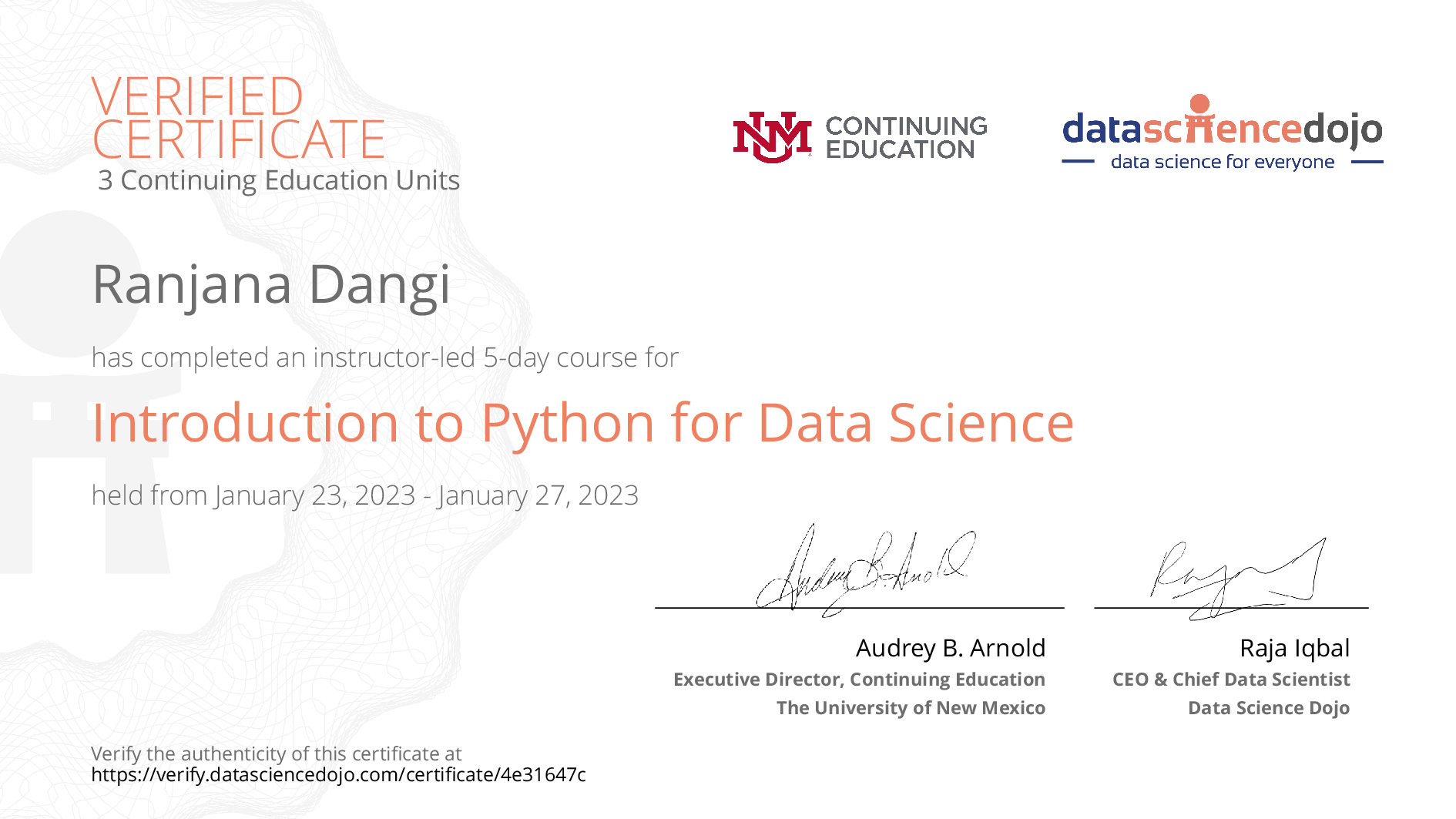 Ranjana Dangi's Certificate | Data Science Dojo