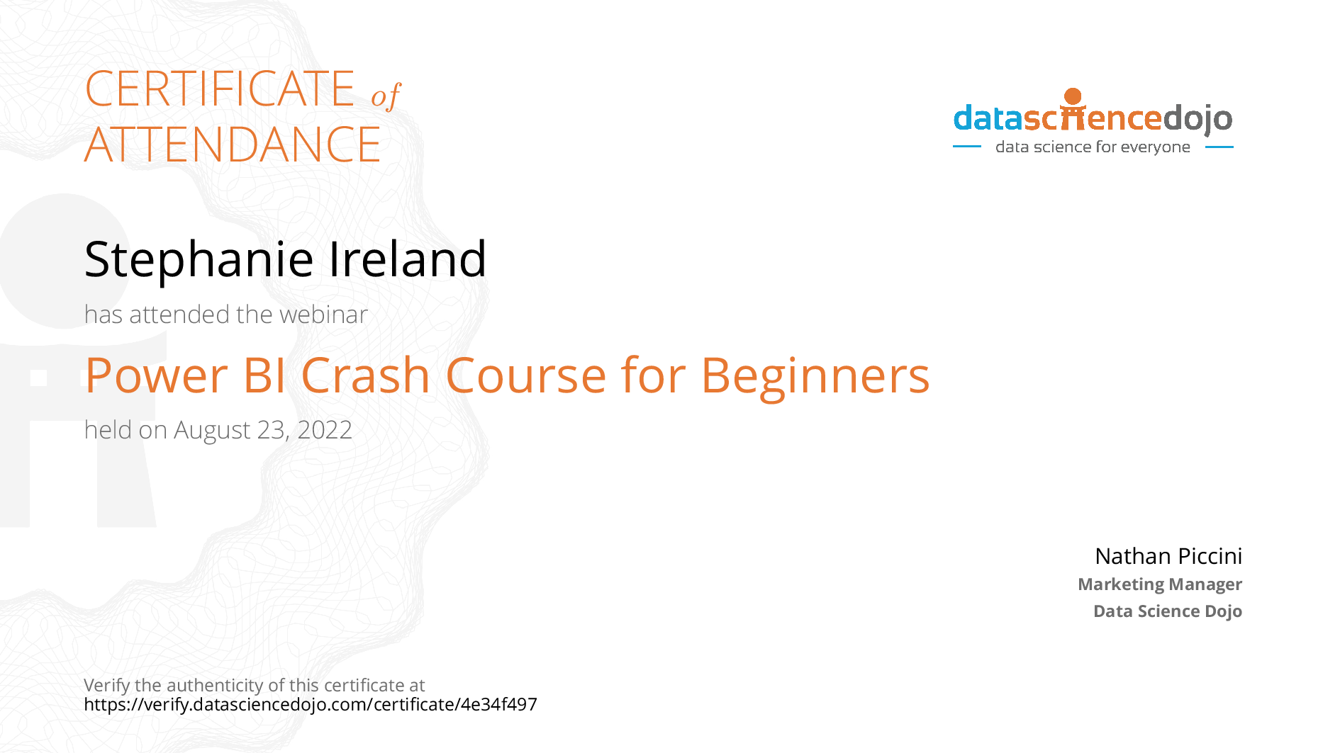 Stephanie Ireland's Certificate | Data Science Dojo