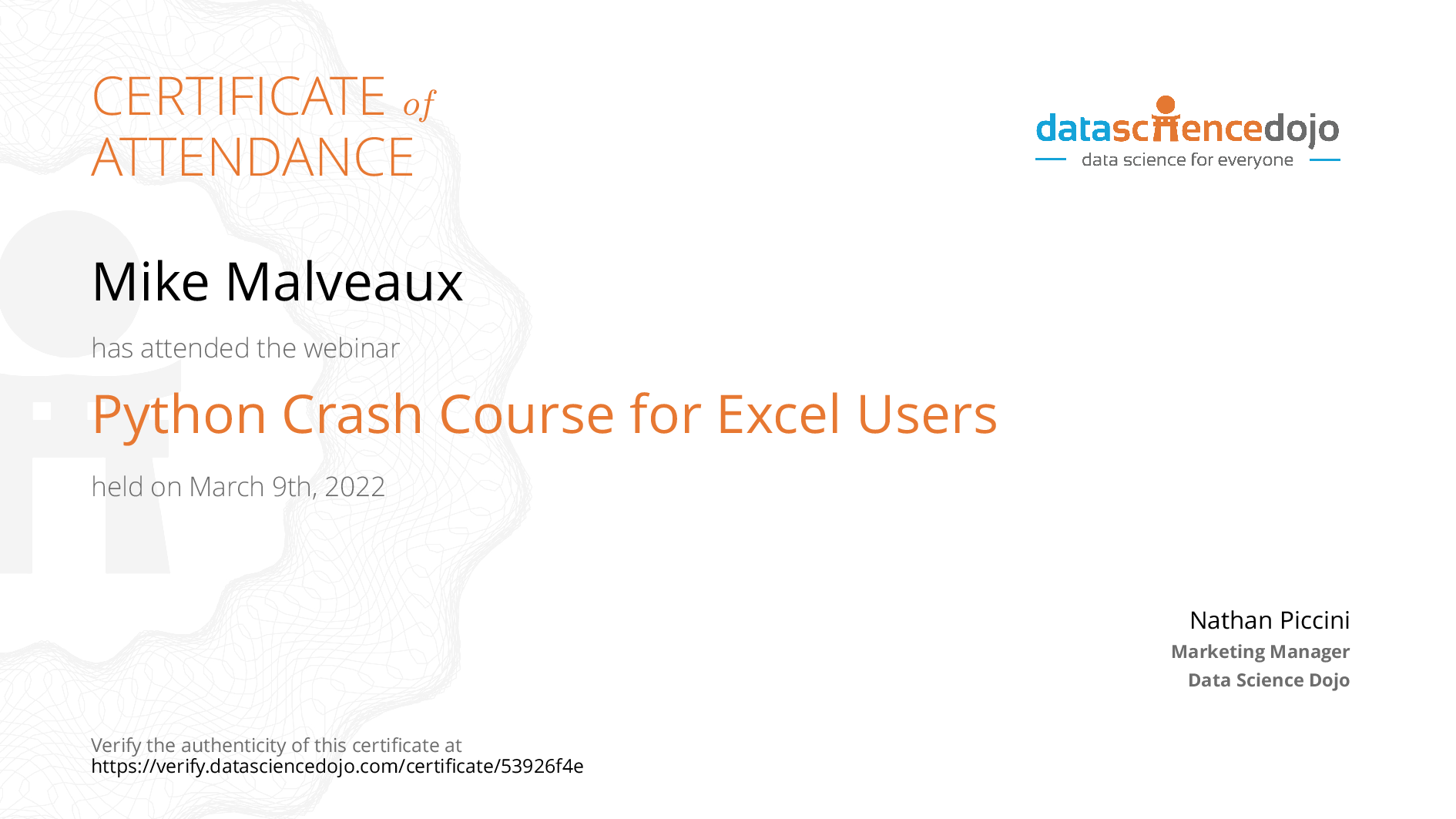 Mike Malveaux's Certificate | Data Science Dojo Mike Malveaux's Certificate | Data Science Dojo