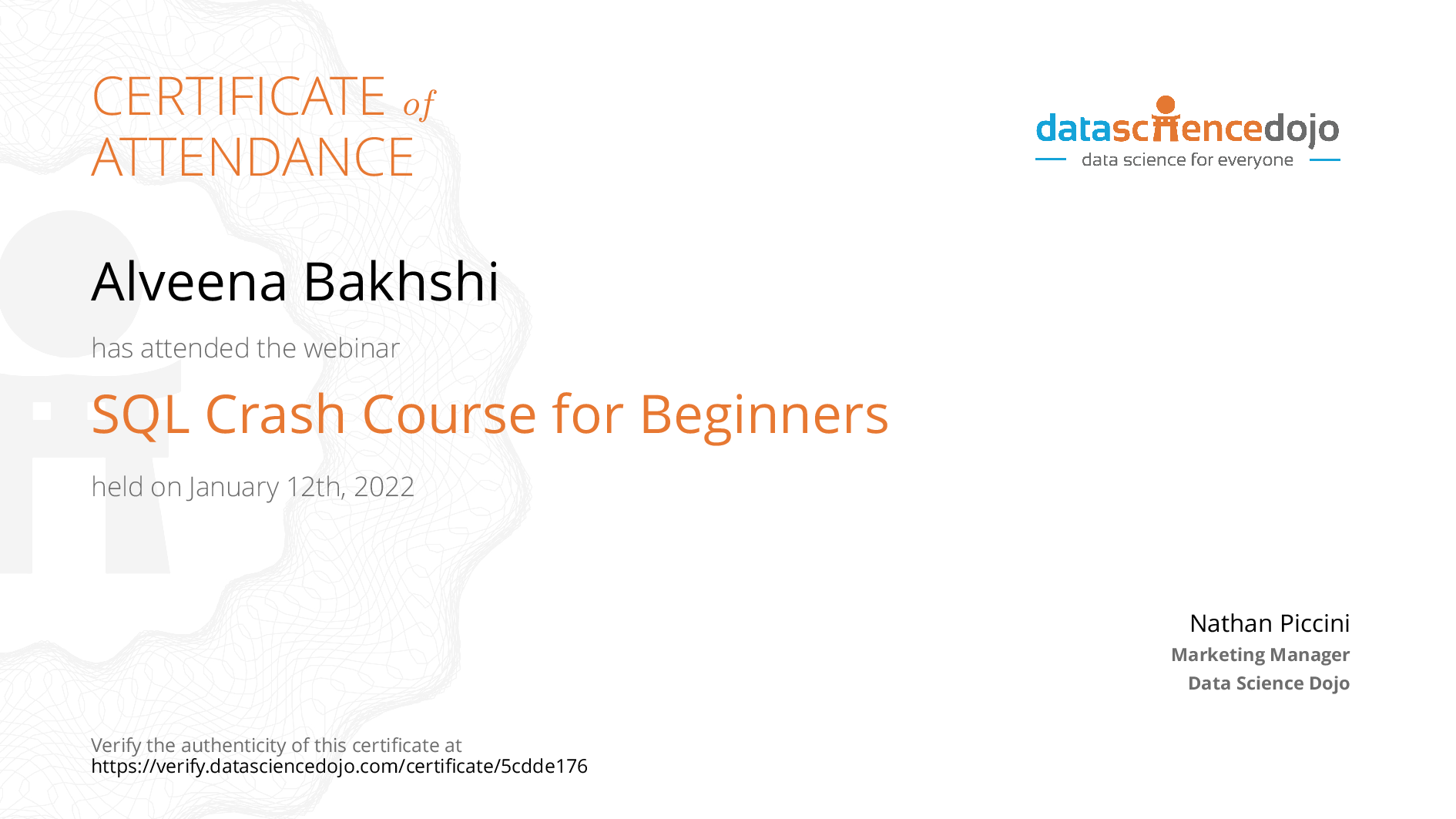 Alveena Bakhshi's Certificate | Data Science Dojo