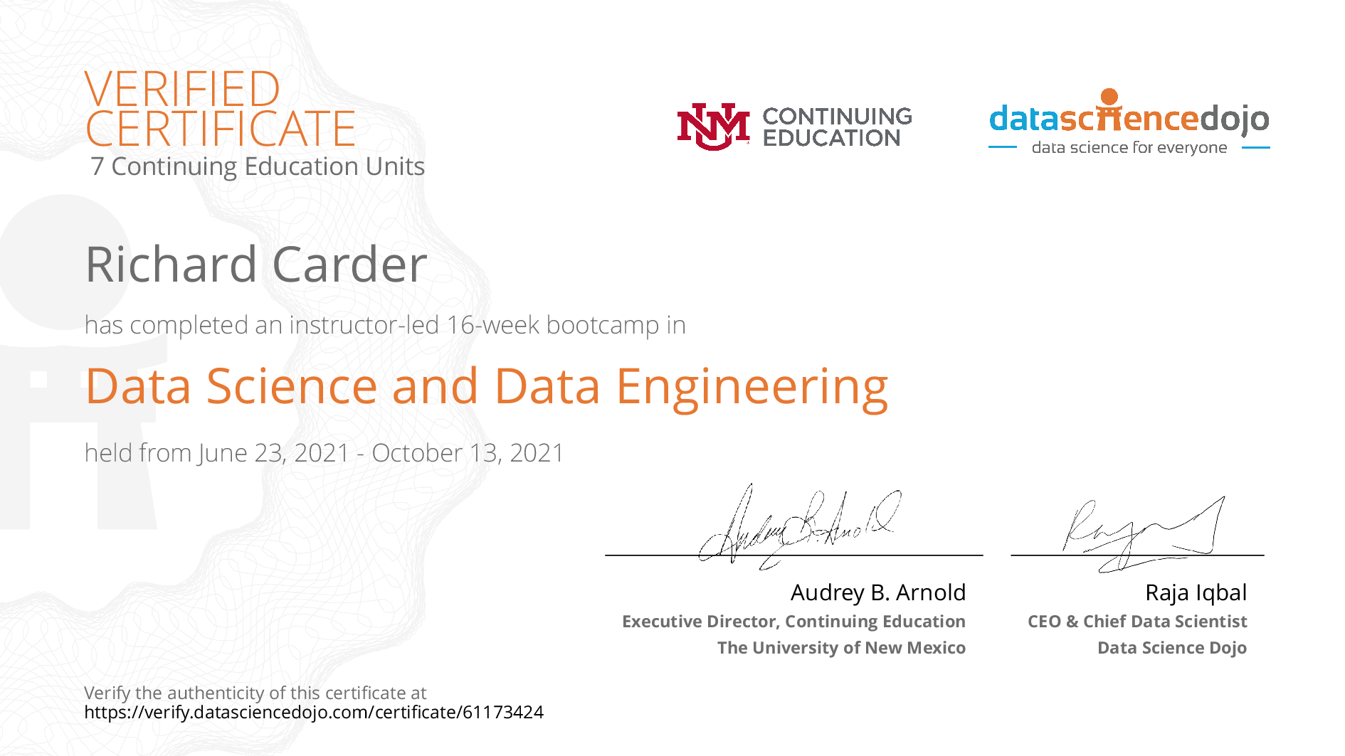 Richard Carder's Certificate | Data Science Dojo