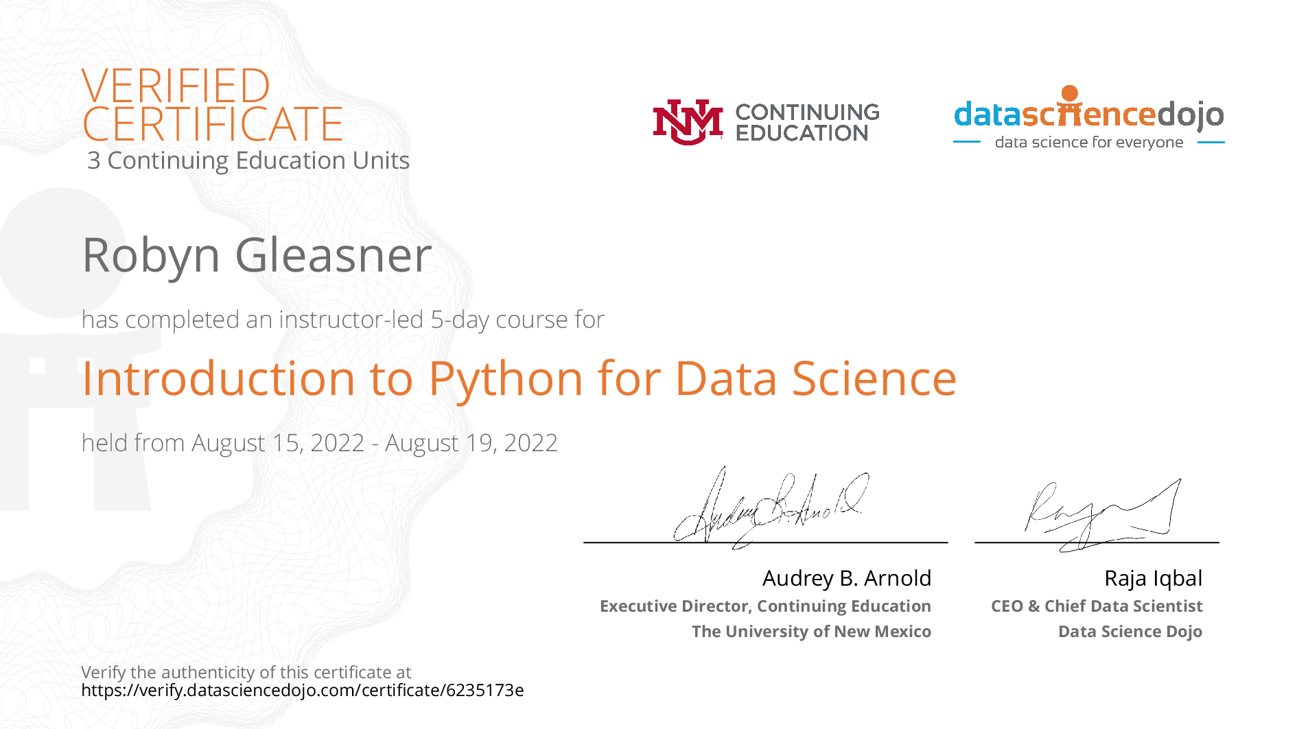 Robyn Gleasner's Certificate | Data Science Dojo