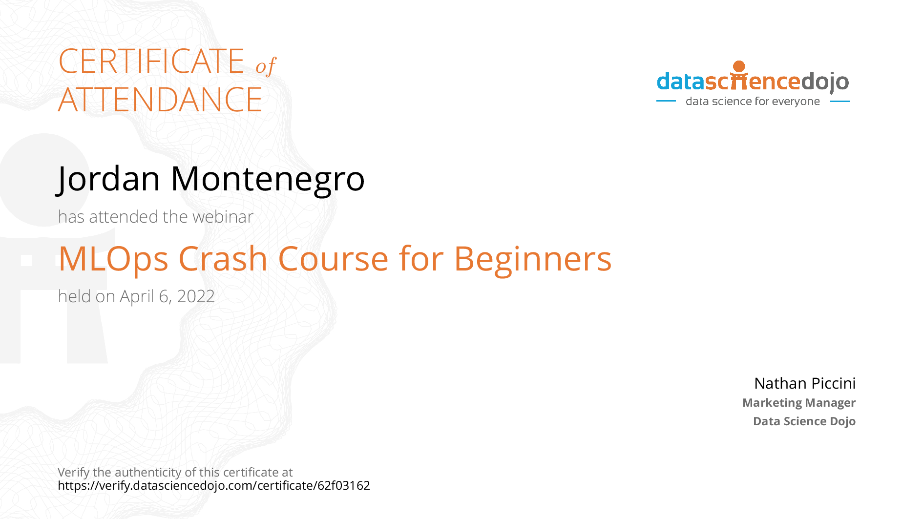 Jordan Montenegro's Certificate | Data Science Dojo
