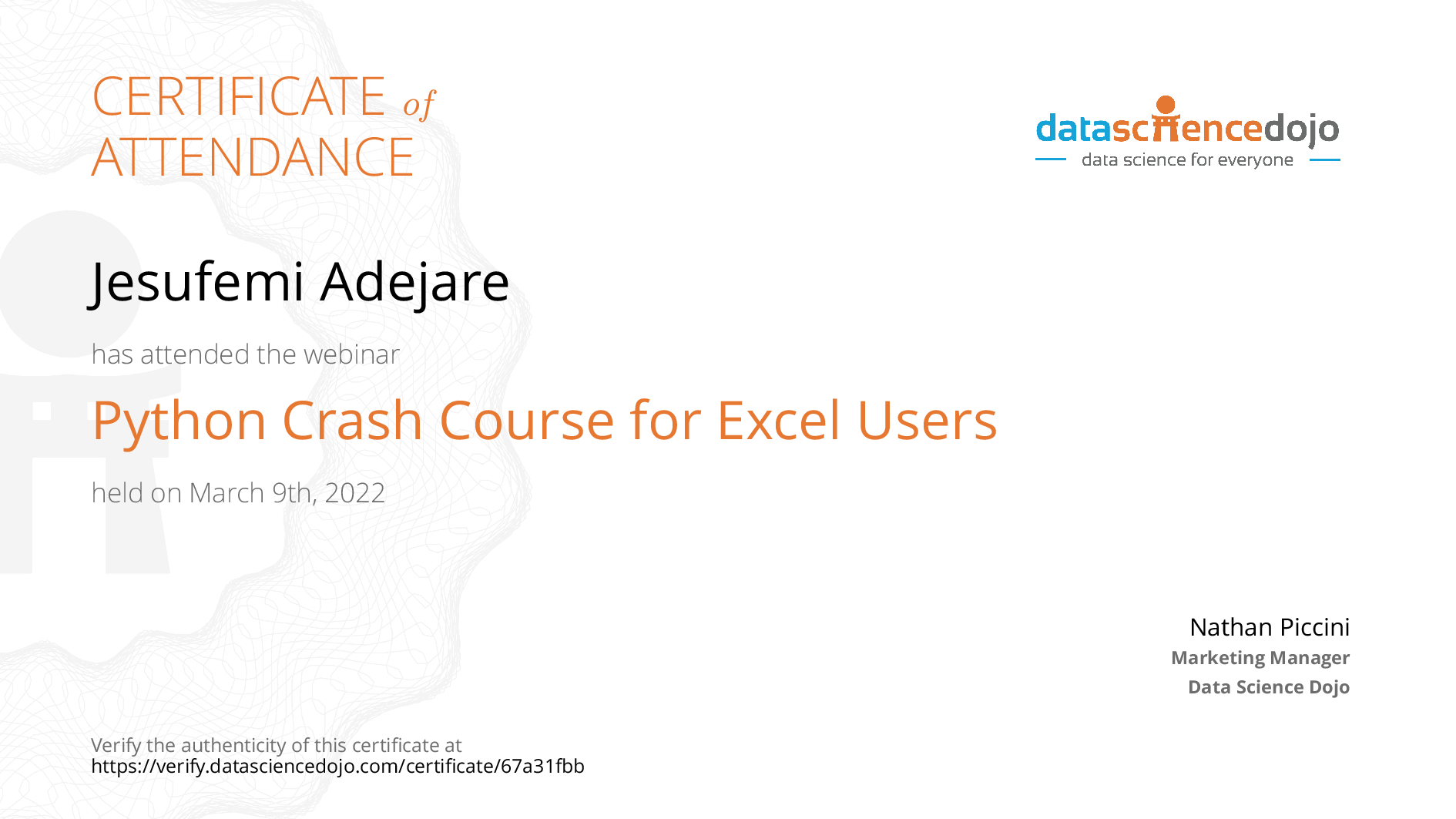 Jesufemi Adejare's Certificate | Data Science Dojo