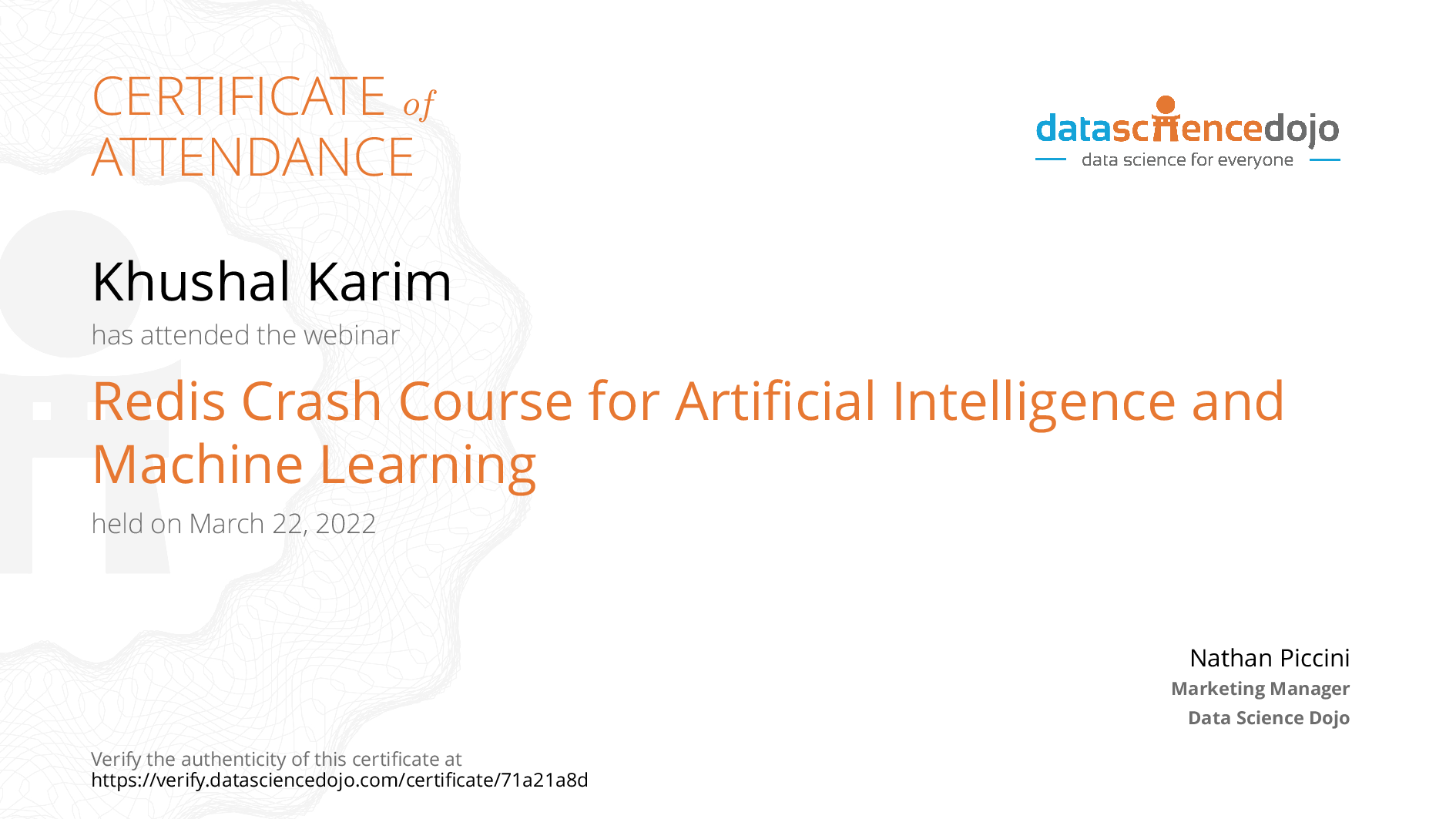 Khushal Karim's Certificate | Data Science Dojo