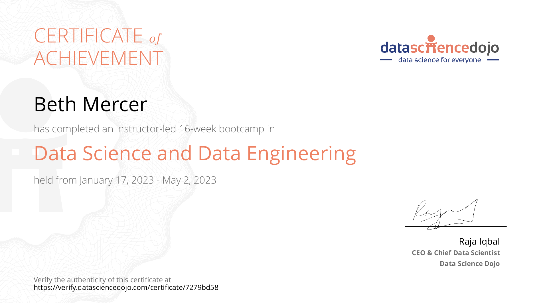 Beth Mercer's Certificate | Data Science Dojo