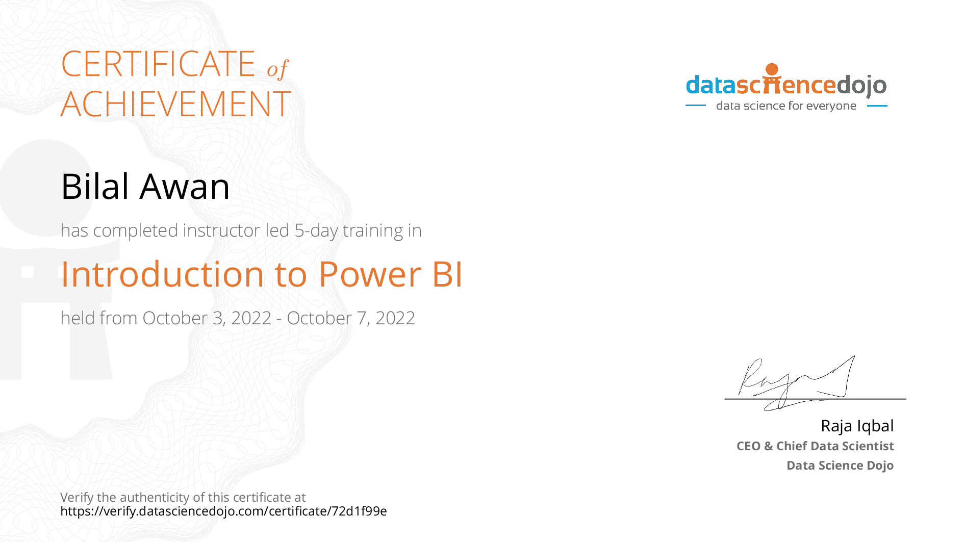 Bilal Awan's Certificate | Data Science Dojo