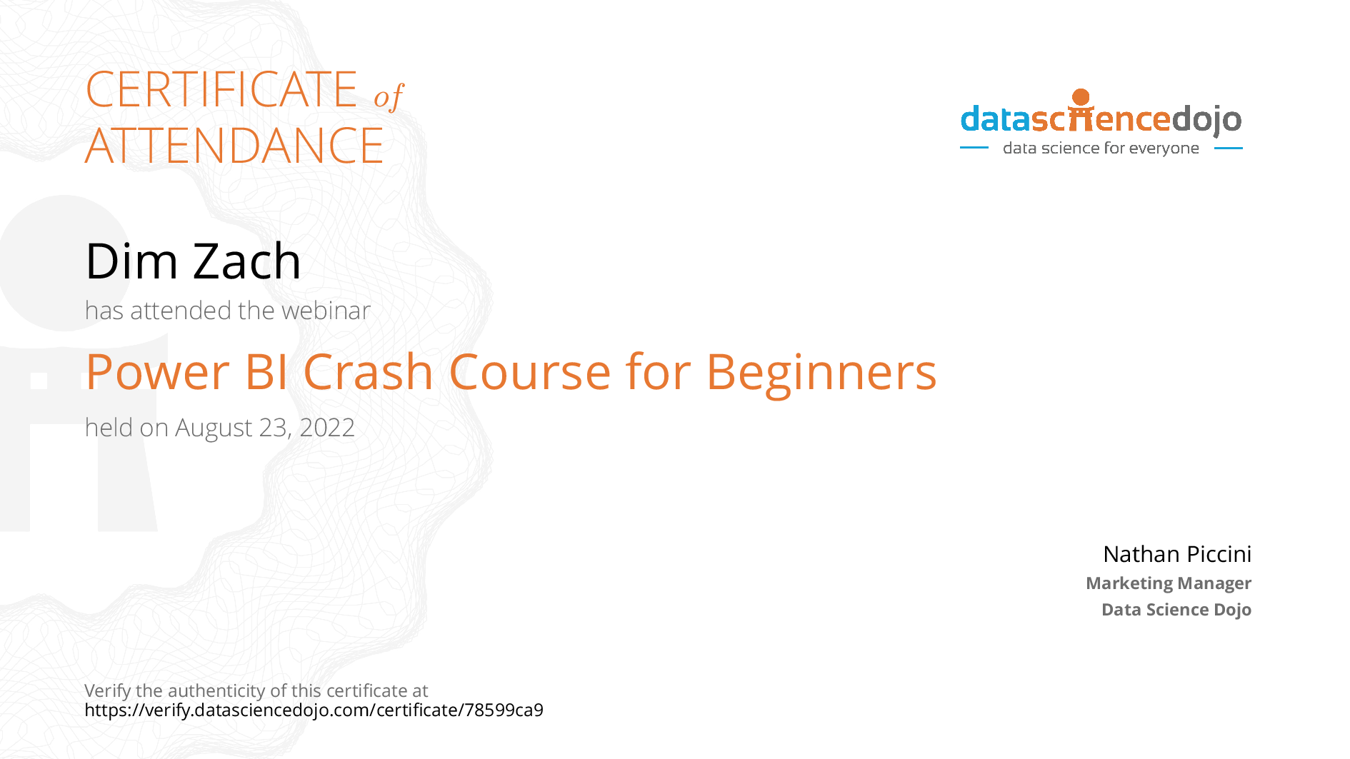 Dim Zach's Certificate | Data Science Dojo