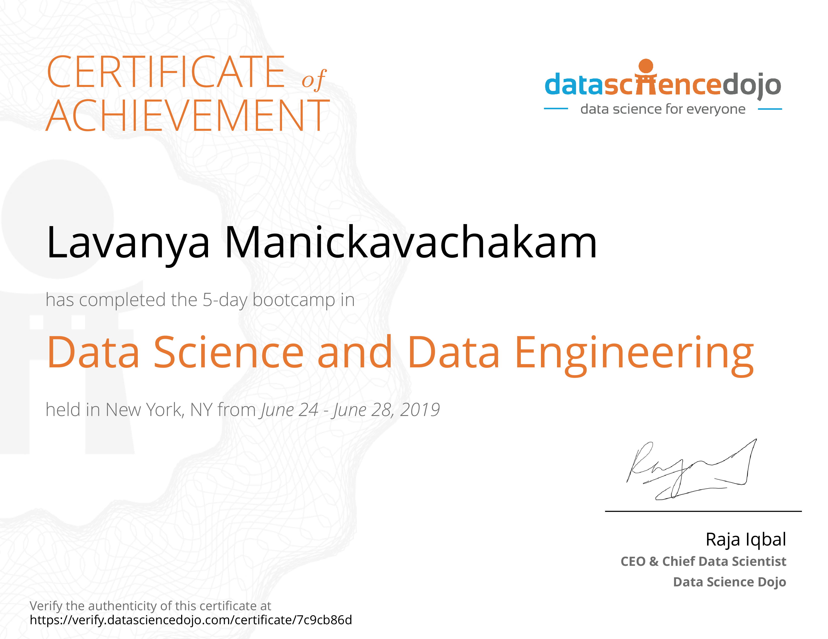 Lavanya Manickavachakam's Certificate | Data Science Dojo
