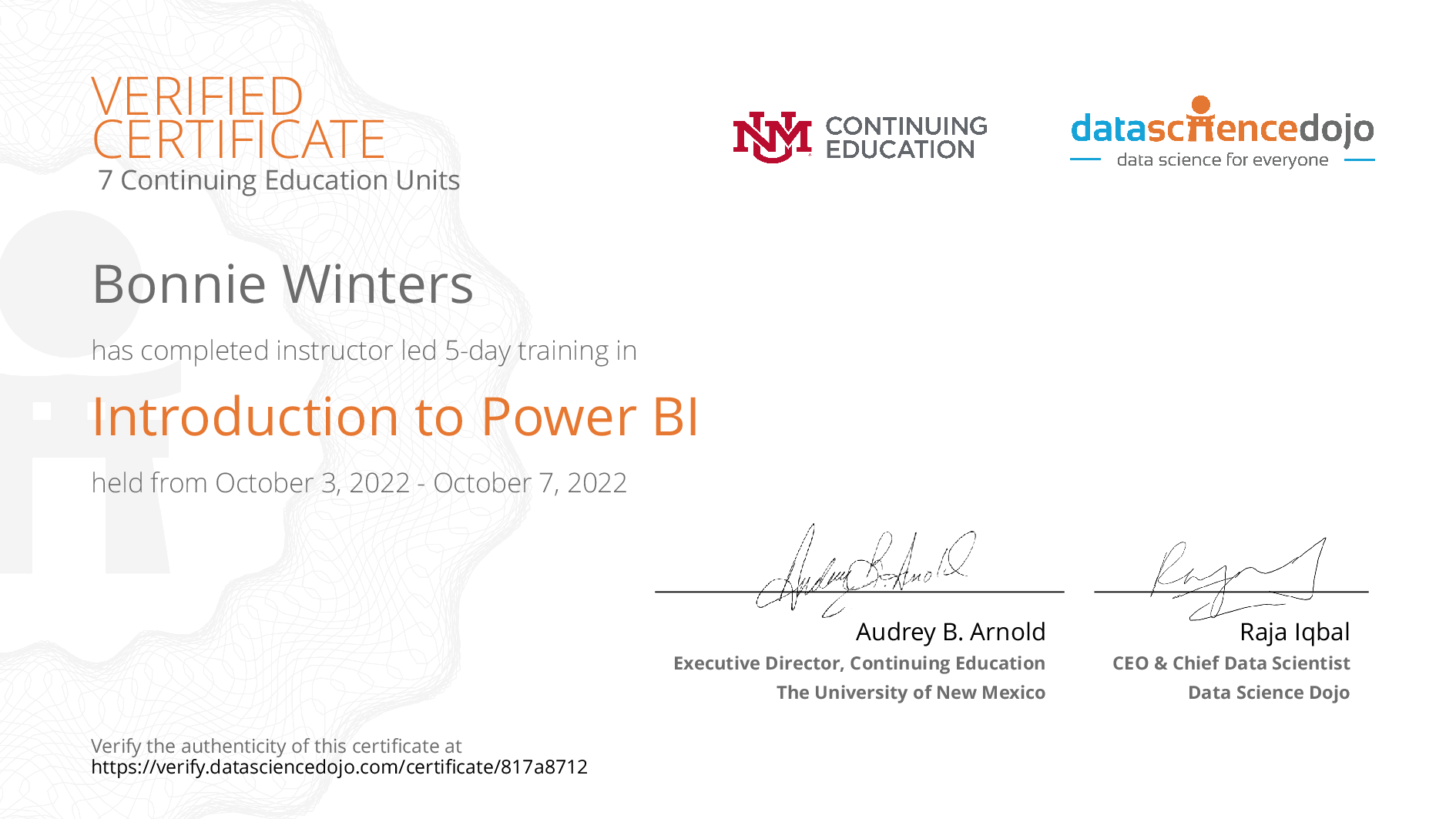 Bonnie Winters's Certificate | Data Science Dojo