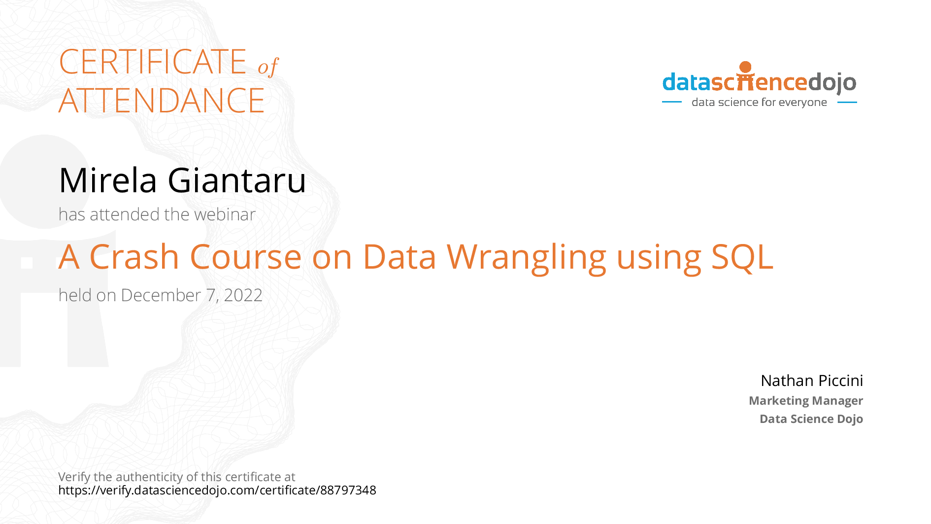 Mirela Giantaru's Certificate | Data Science Dojo Mirela Giantaru's Certificate | Data Science Dojo