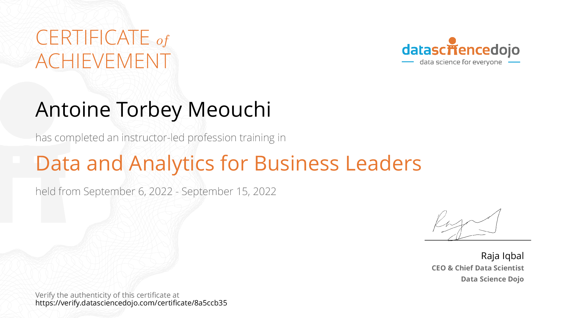 Antoine Torbey Meouchi's Certificate | Data Science Dojo