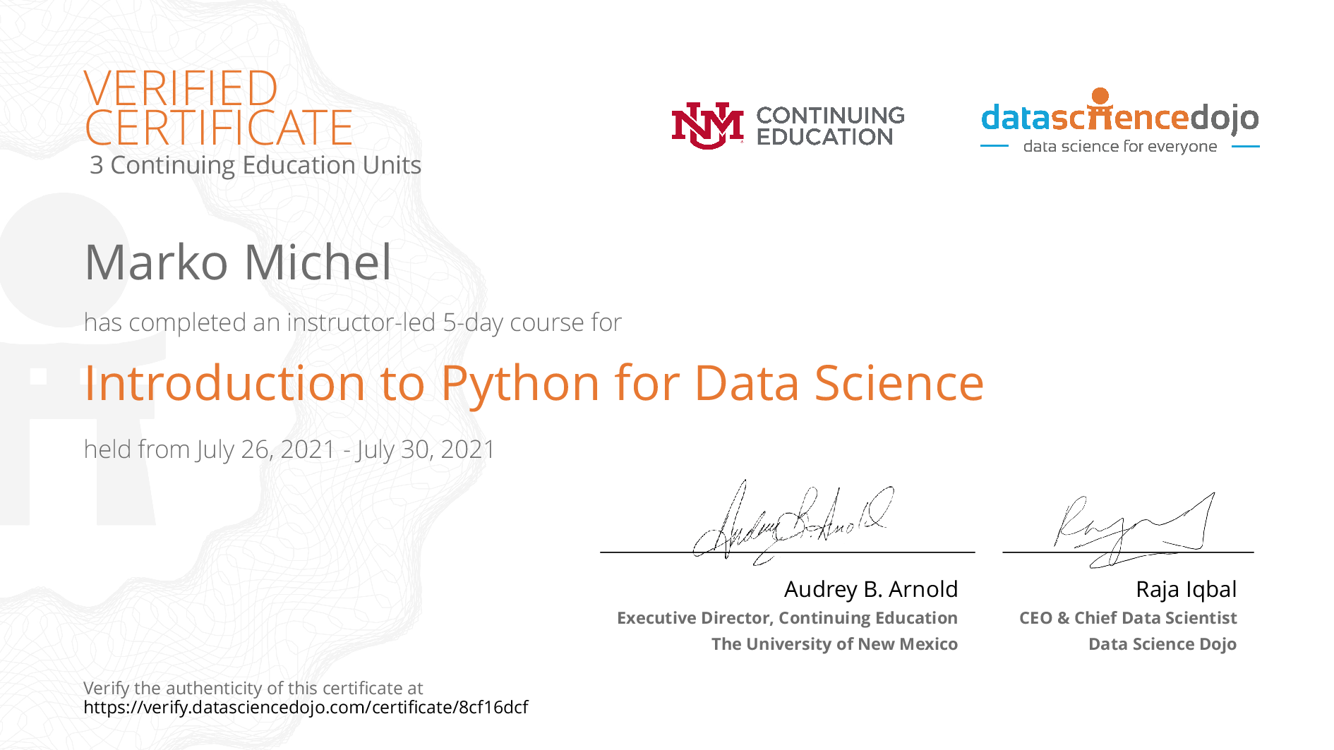 Marko Michel's Certificate | Data Science Dojo