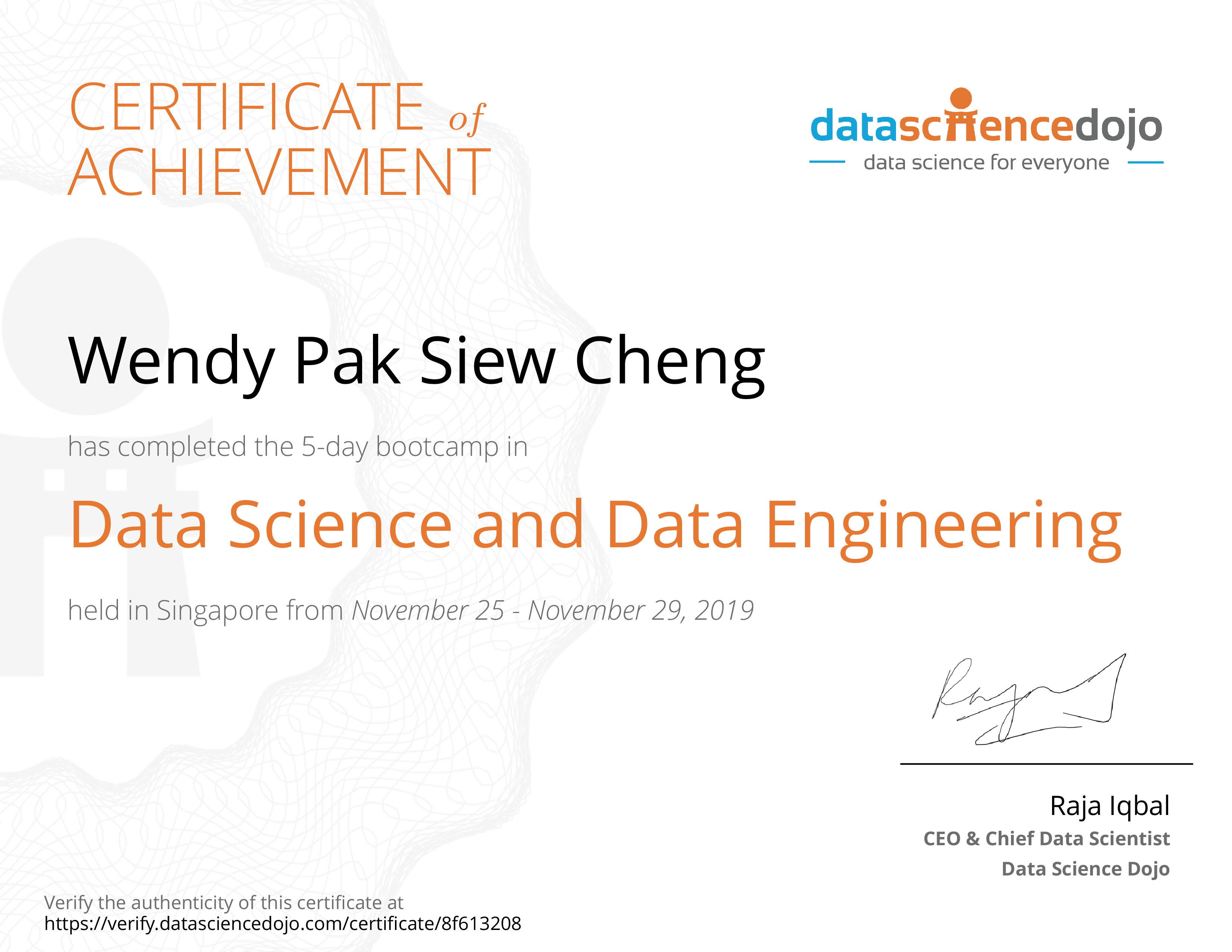 Wendy Pak Siew Cheng's Certificate | Data Science Dojo