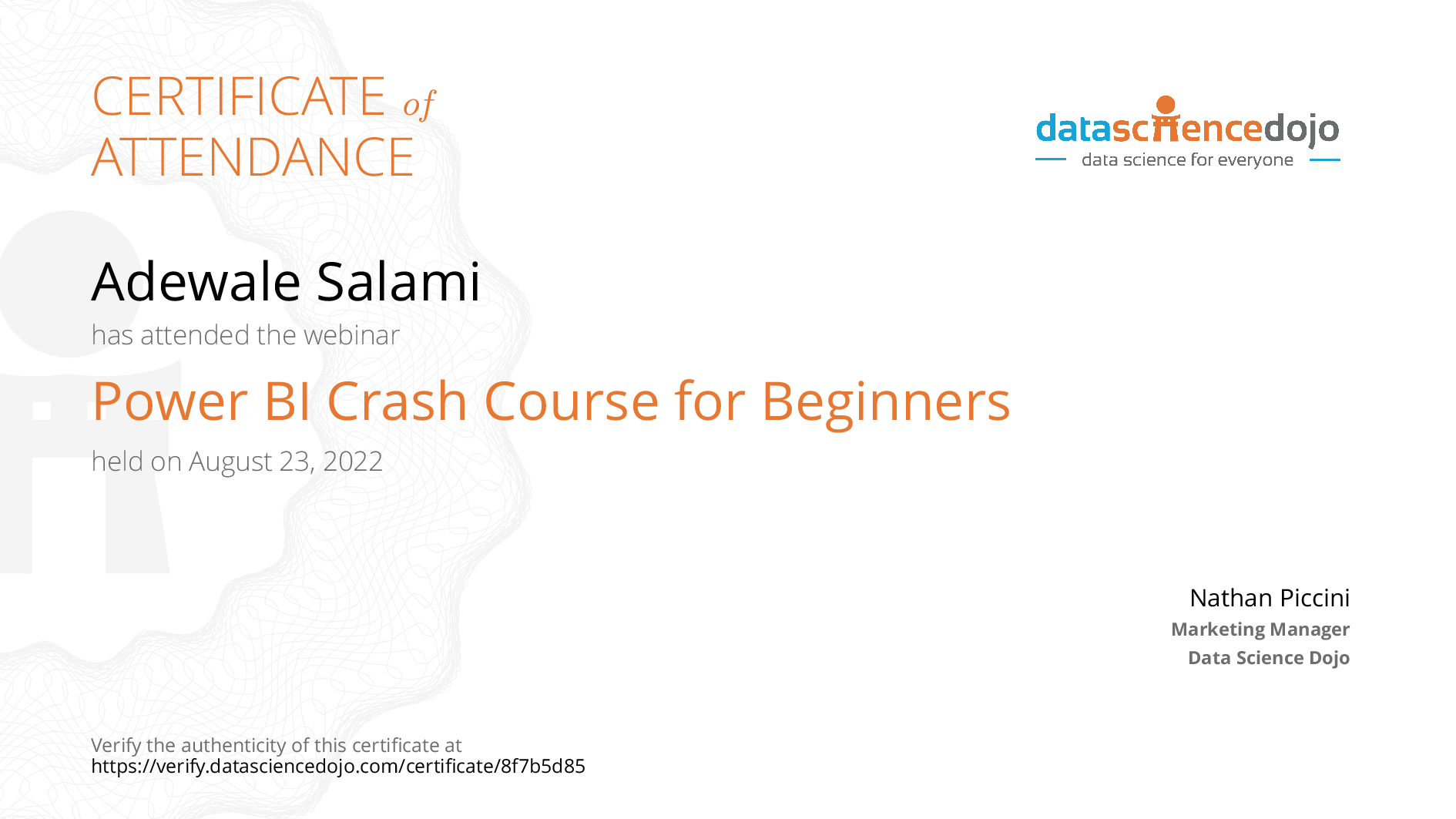 Adewale Salami's Certificate | Data Science Dojo